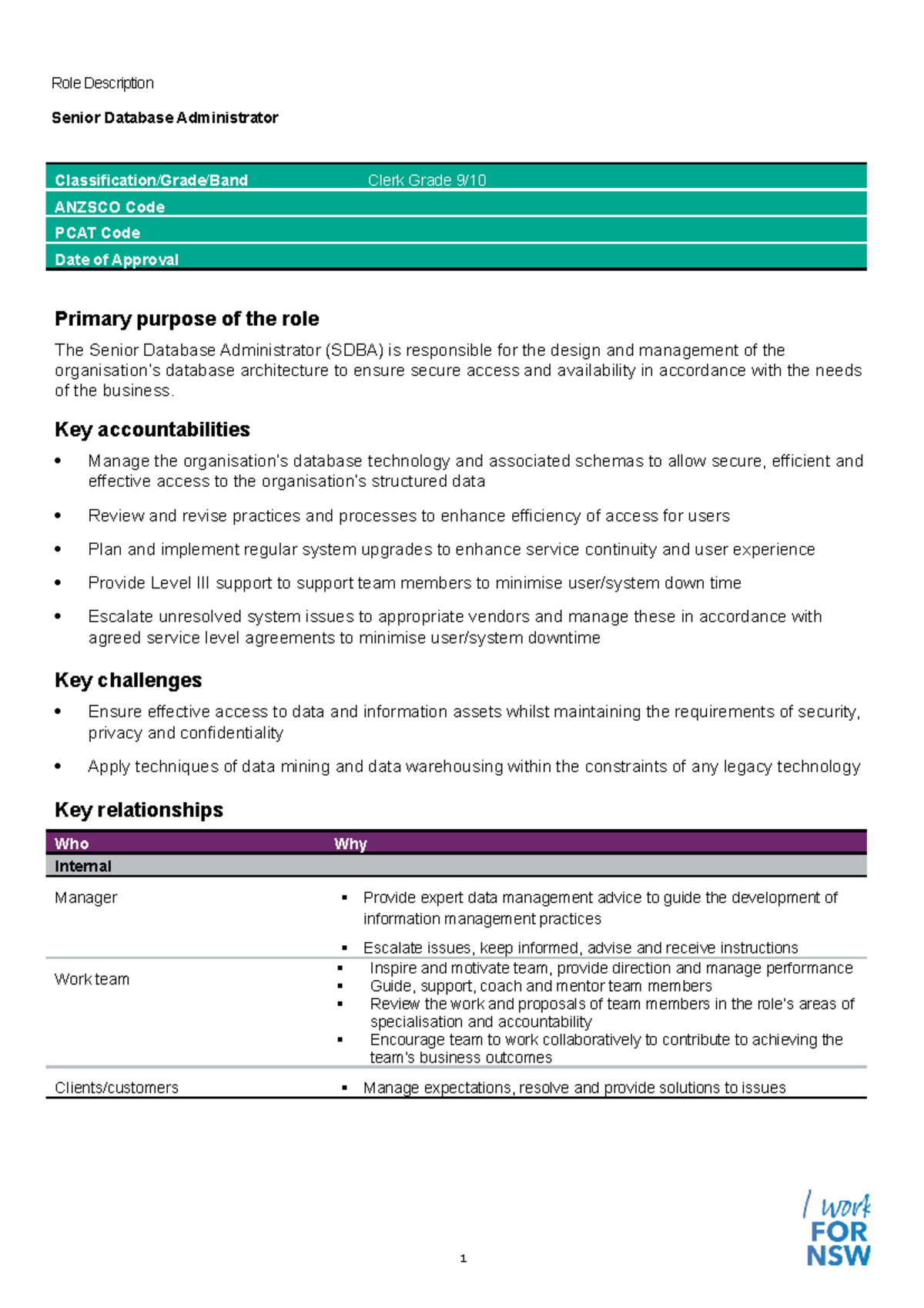 Senior Database Administrator RD Grd 9-10 - Role Description Senior ...