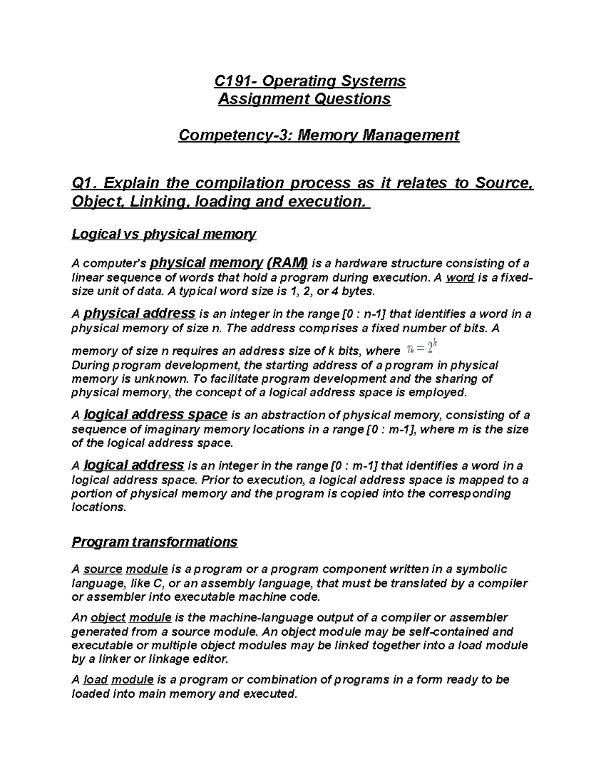 C191 Competency 3 Memory Management - C191- Operating Systems Assignment Questions Competency-3 ...