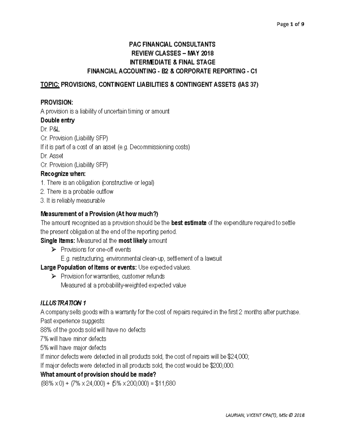 IAS 37 Provisions - PAC FINANCIAL CONSULTANTS REVIEW CLASSES – MAY 2018 ...