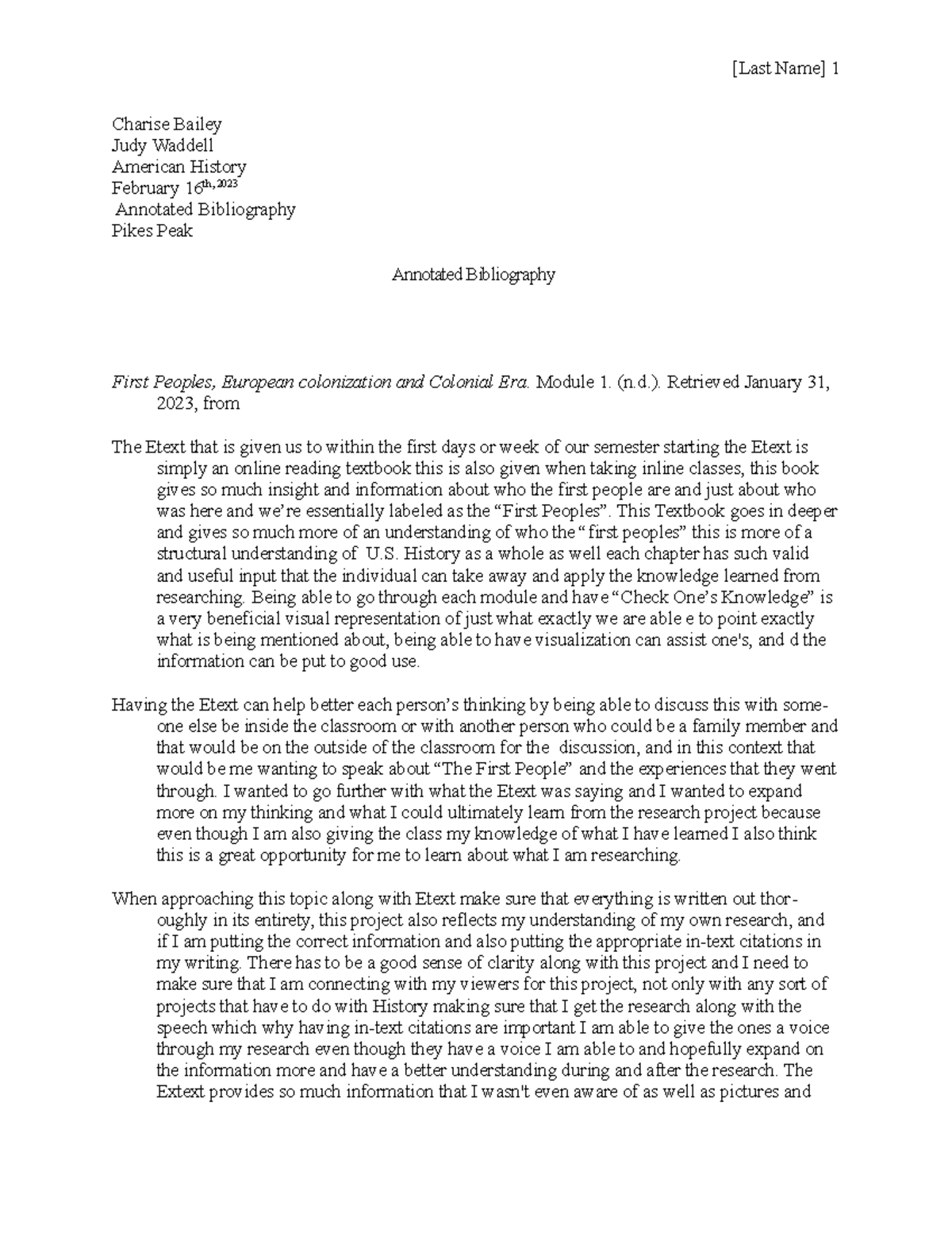 Annotated Bibliography - [Last Name] 1 Charise Bailey Judy Waddell ...