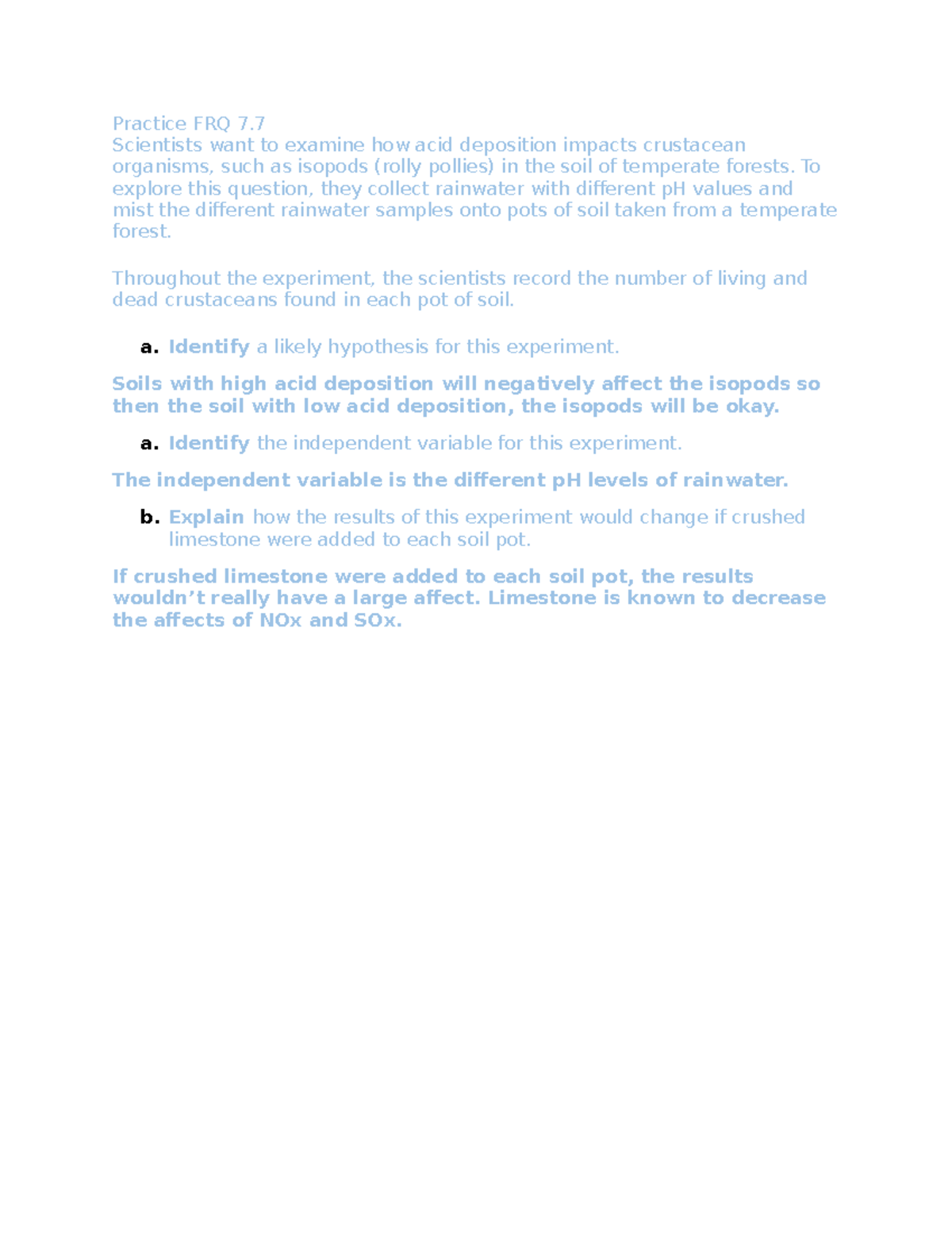 Practice FRQ 7 - free response questions that involve environment science. Great for putting ...