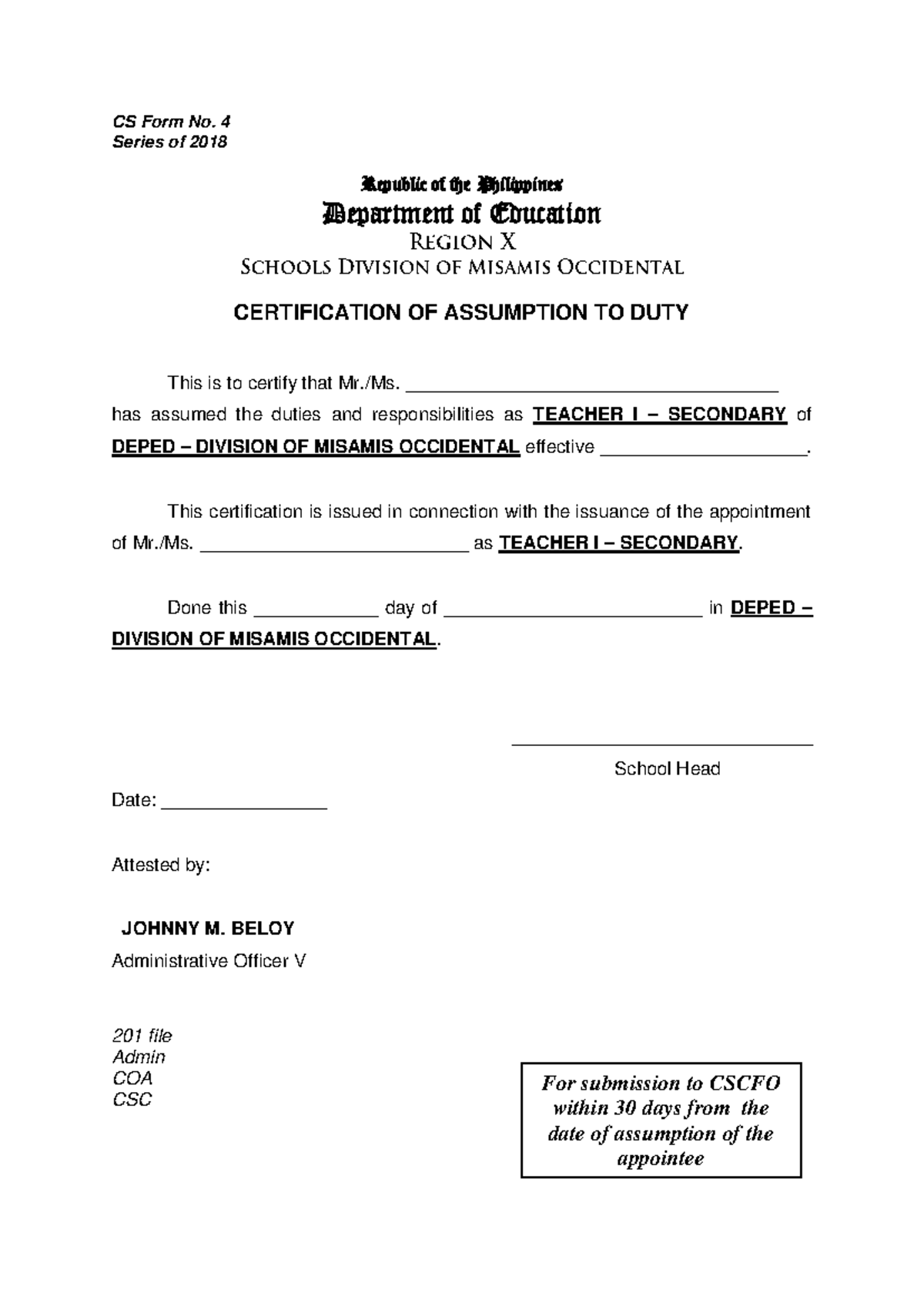 Assumption TO DUTY - Teacher I Secondary - CS Form No. 4 Series of 2018 ...