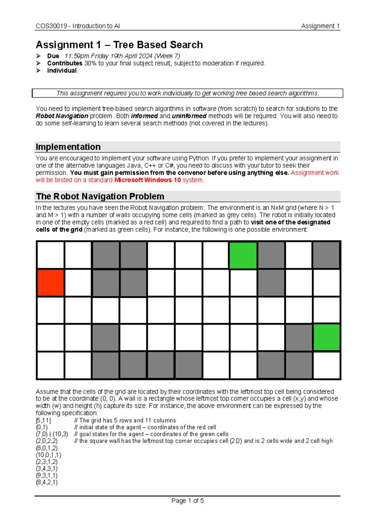 COS30019-2024 S1-A1 - i want this - Assignment 1 – Tree Based Search Due 11:59pm Friday 19th ...