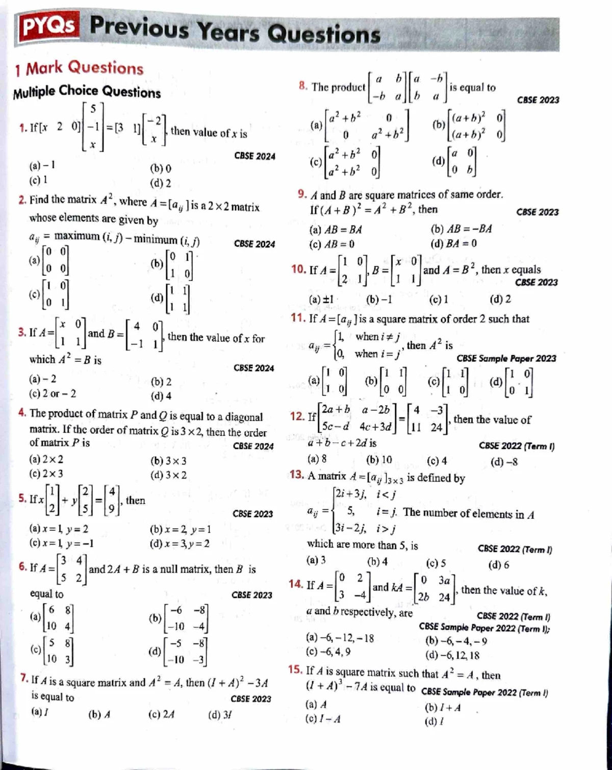 CBSE- Grade 12 Determinants PYQs - PYQs Previous Years Questions 1 Mark Questions Vx Multiple ...