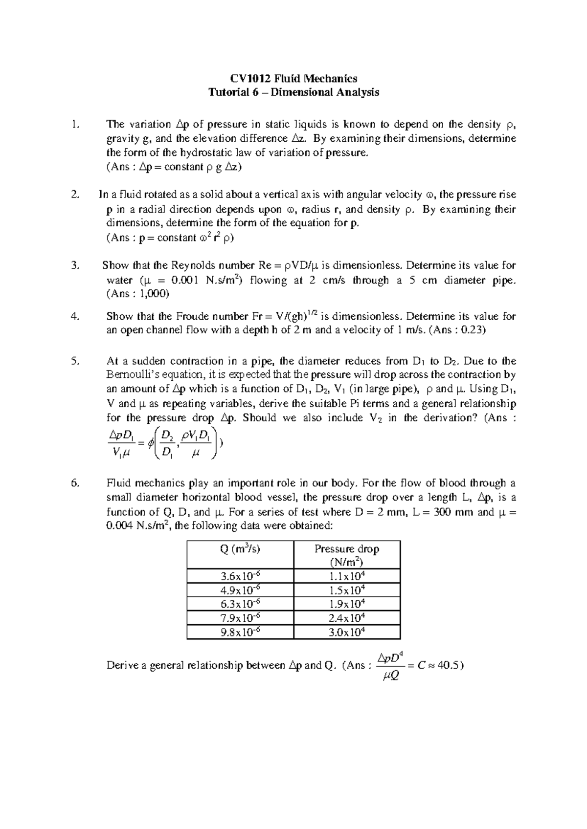 CV1012 Tutorial 6-10 - CV1012 Fluid Mechanics Tutorial 6 – Dimensional Analysis The variation p ...