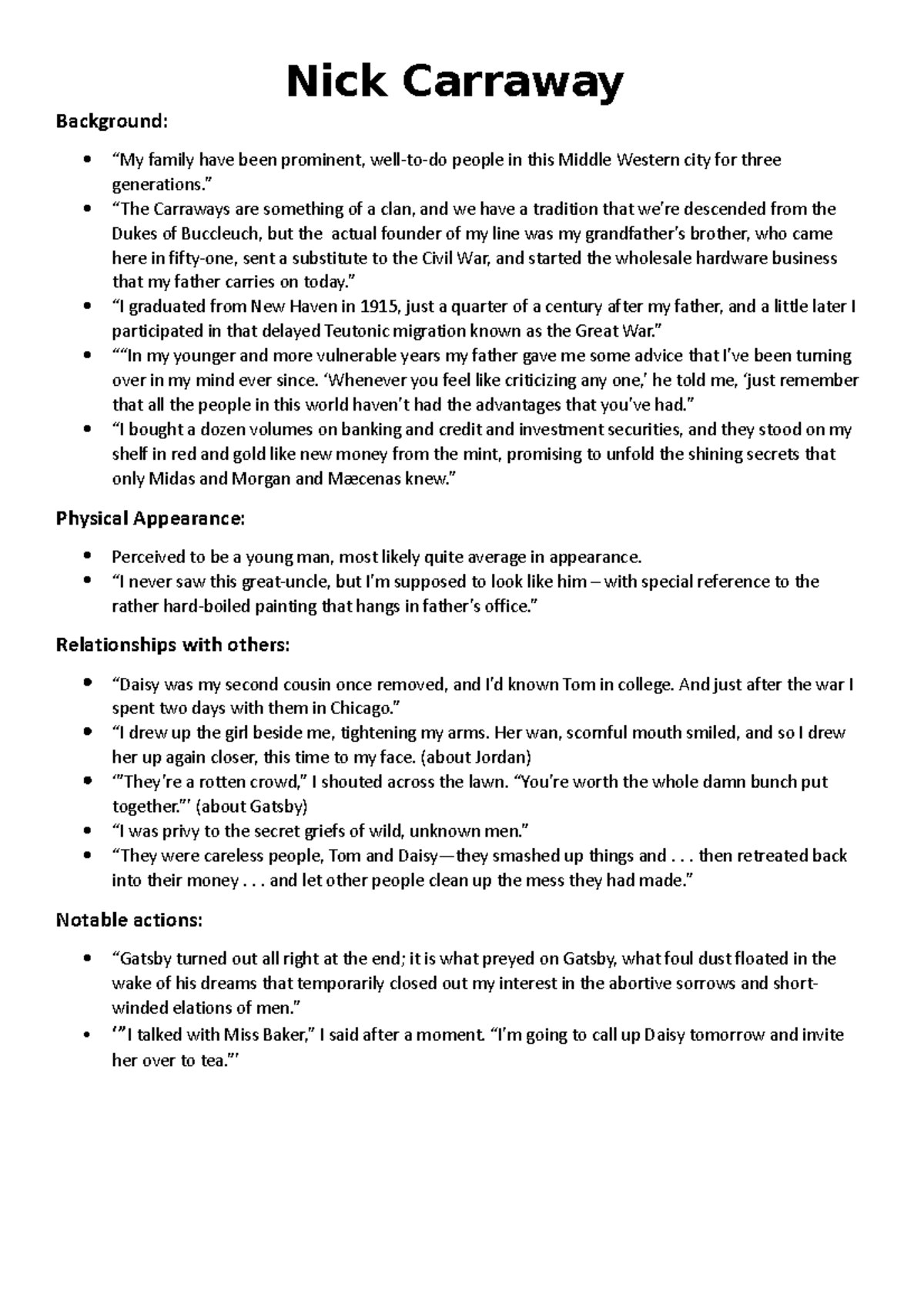 Nick Carraway - The Great Gatsby - Nick Carraway Background: “My family ...