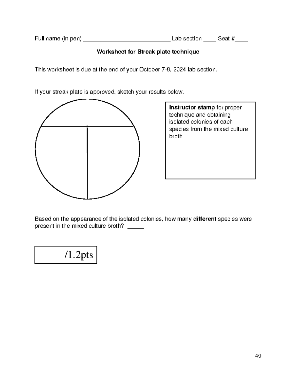 Streak plate worksheet F24 - 40 Full name (in pen ...