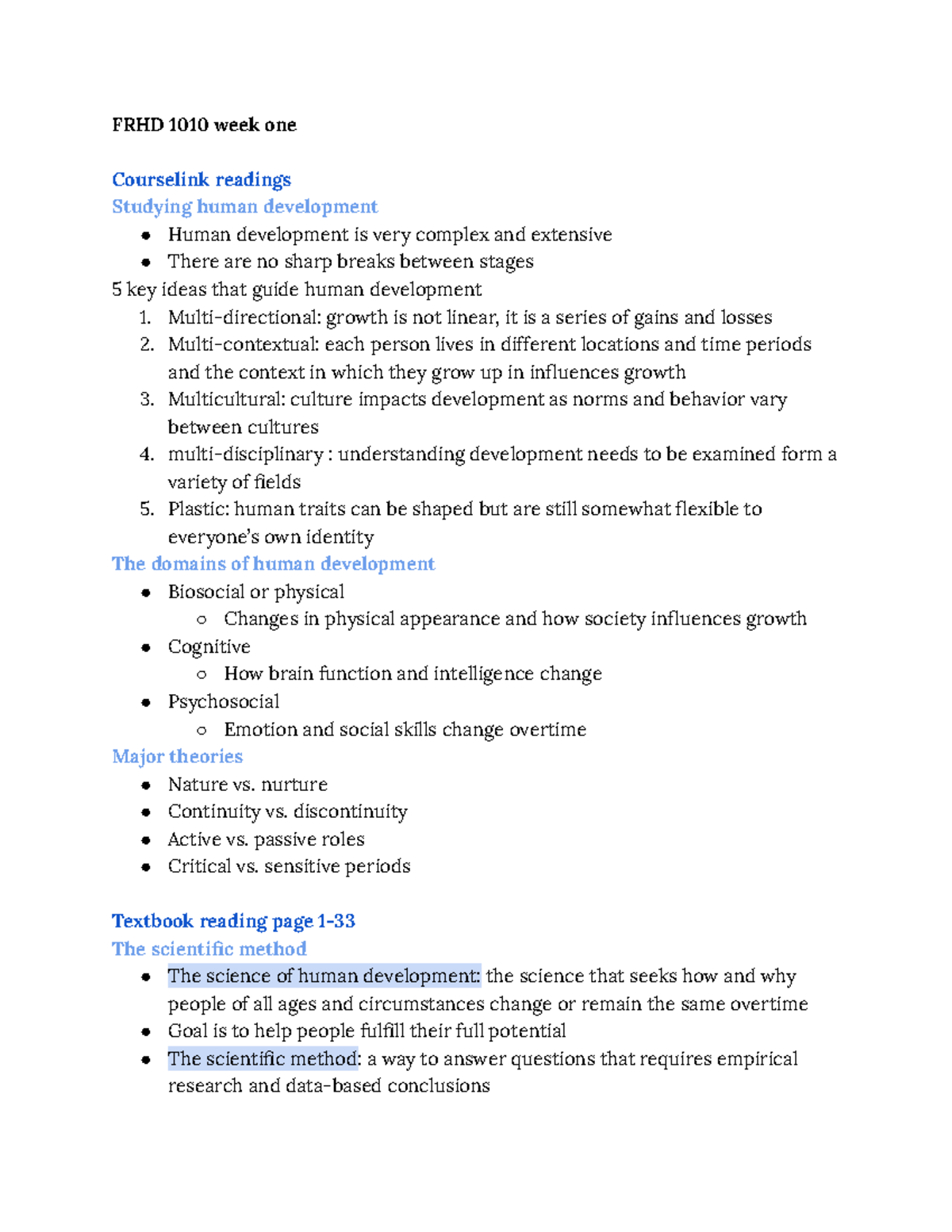 FRHD 1010 week one - chapter 1 notes - FRHD 1010 - U of G - Studocu