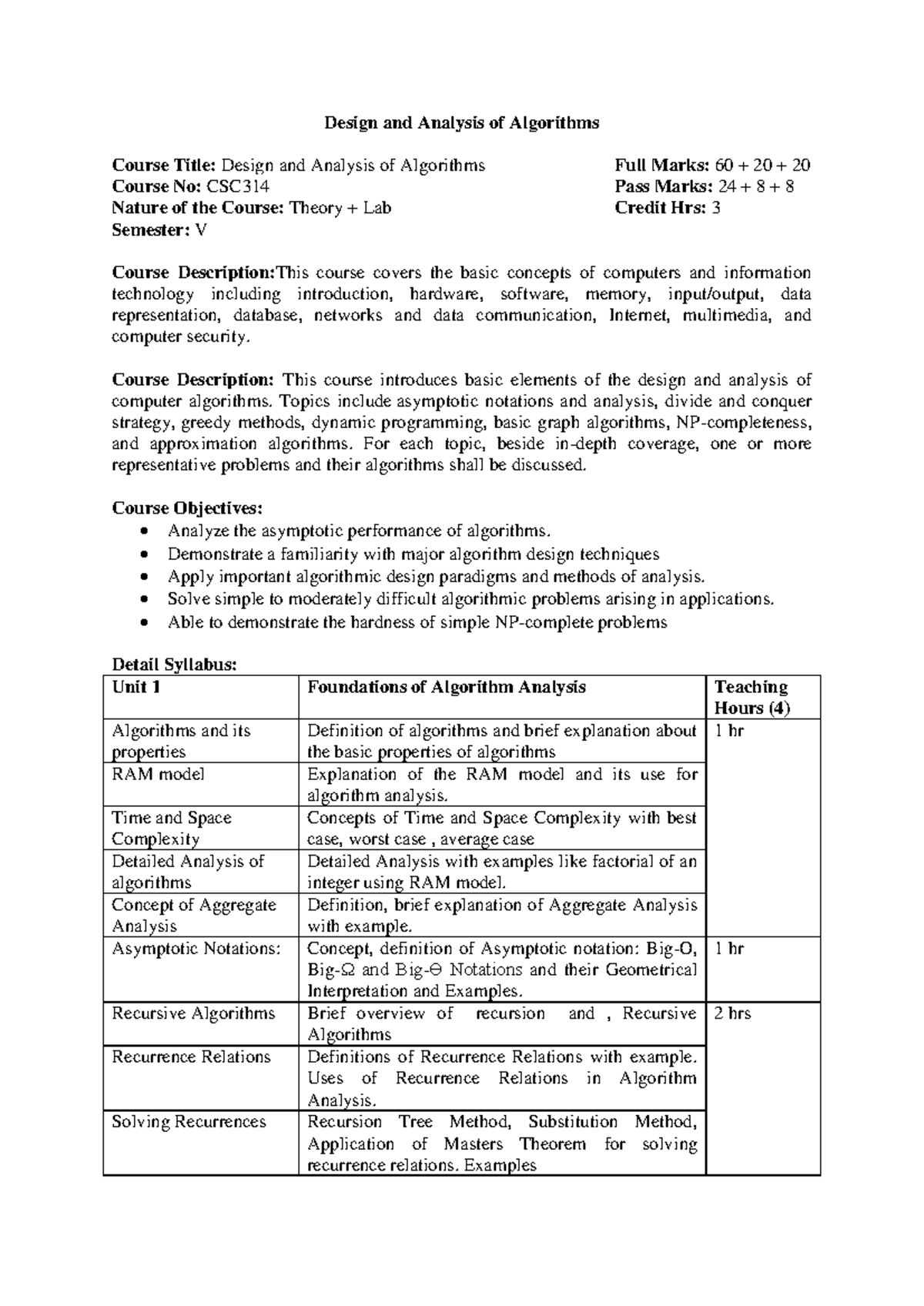 CSC314 Design and Analysis of Algorithms - Design and Analysis of Algorithms Course Title ...