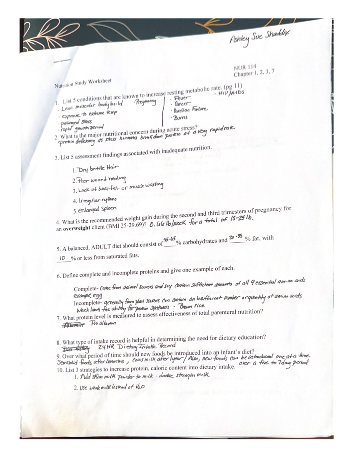 Nutrition Study Worksheet - NUR 112 - Studocu