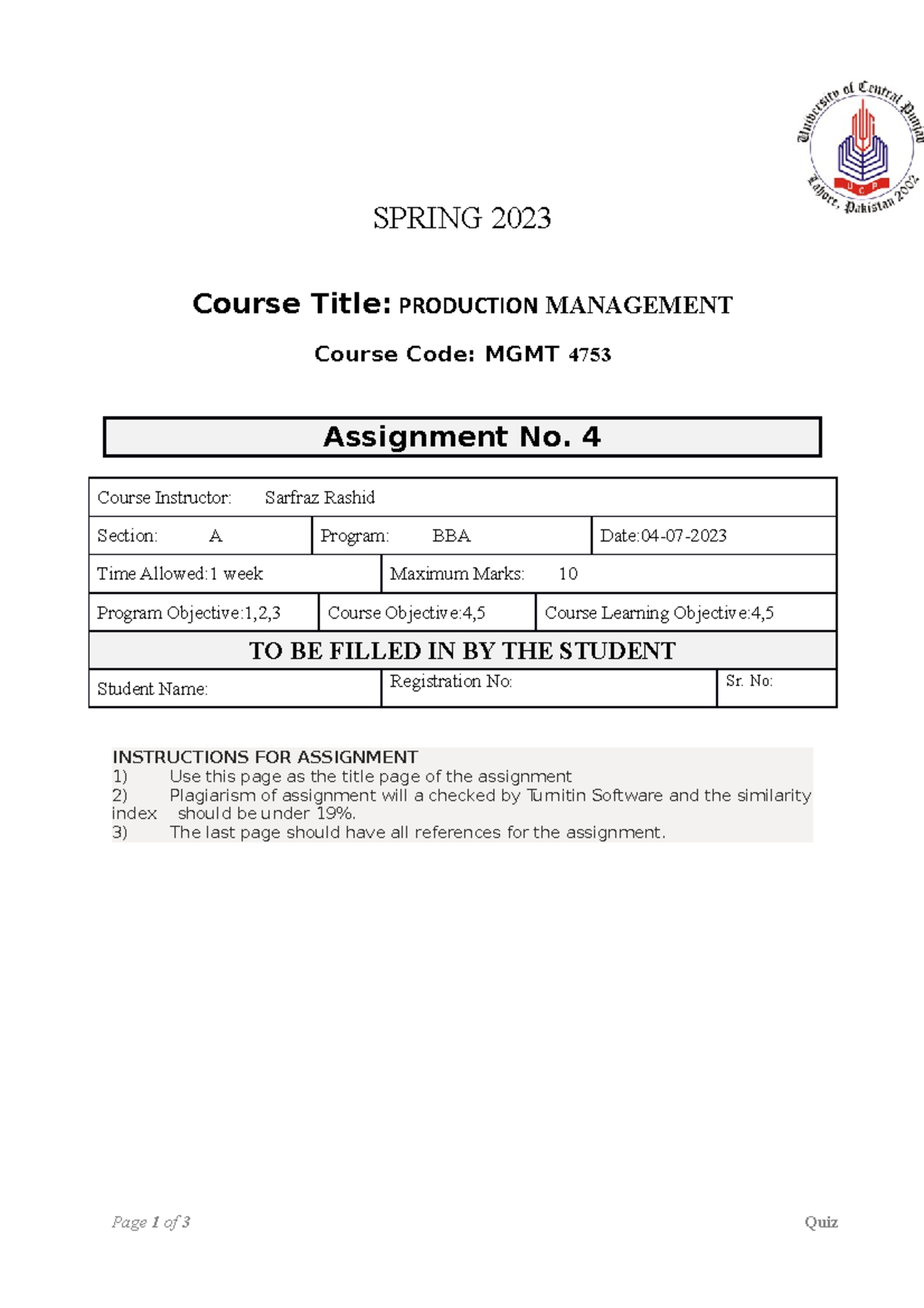 Assignment 4 - SPRING 2023 Course Title: PRODUCTION MANAGEMENT Course ...