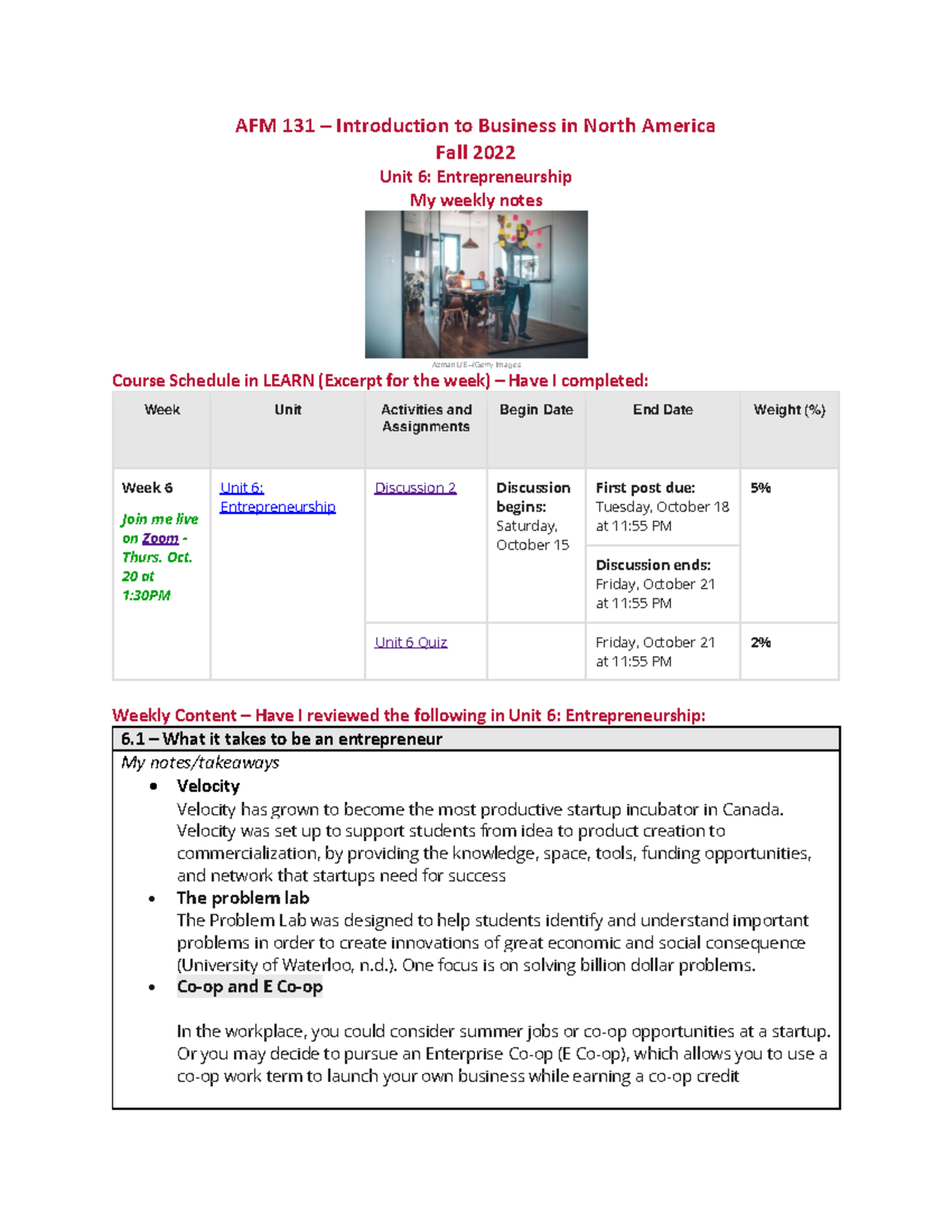 AFM 131 - Unit 6 - My Weekly Notes copy - AFM 131 – Introduction to ...