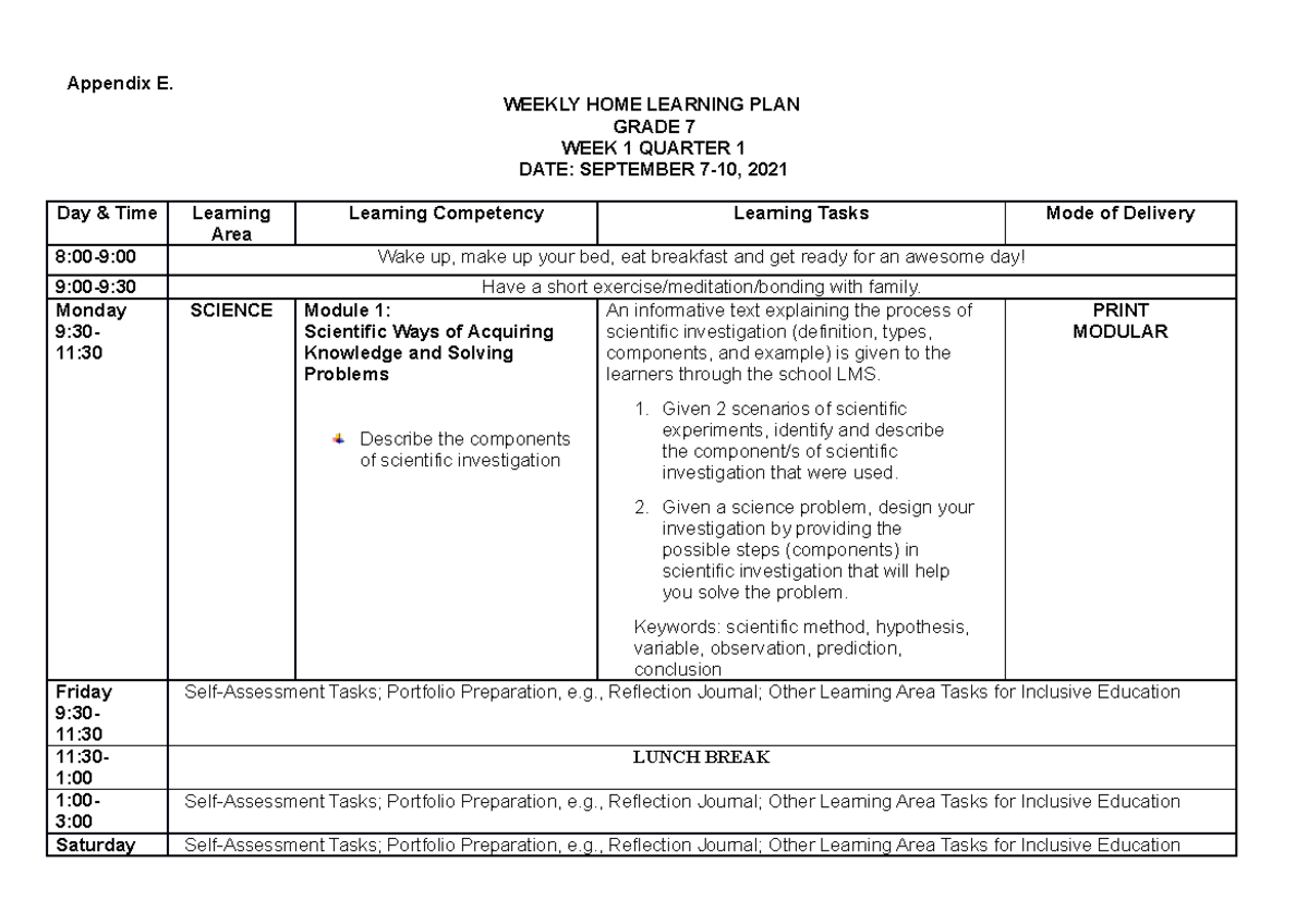 Week1 - daily lesson log - Appendix E. WEEKLY HOME LEARNING PLAN GRADE ...