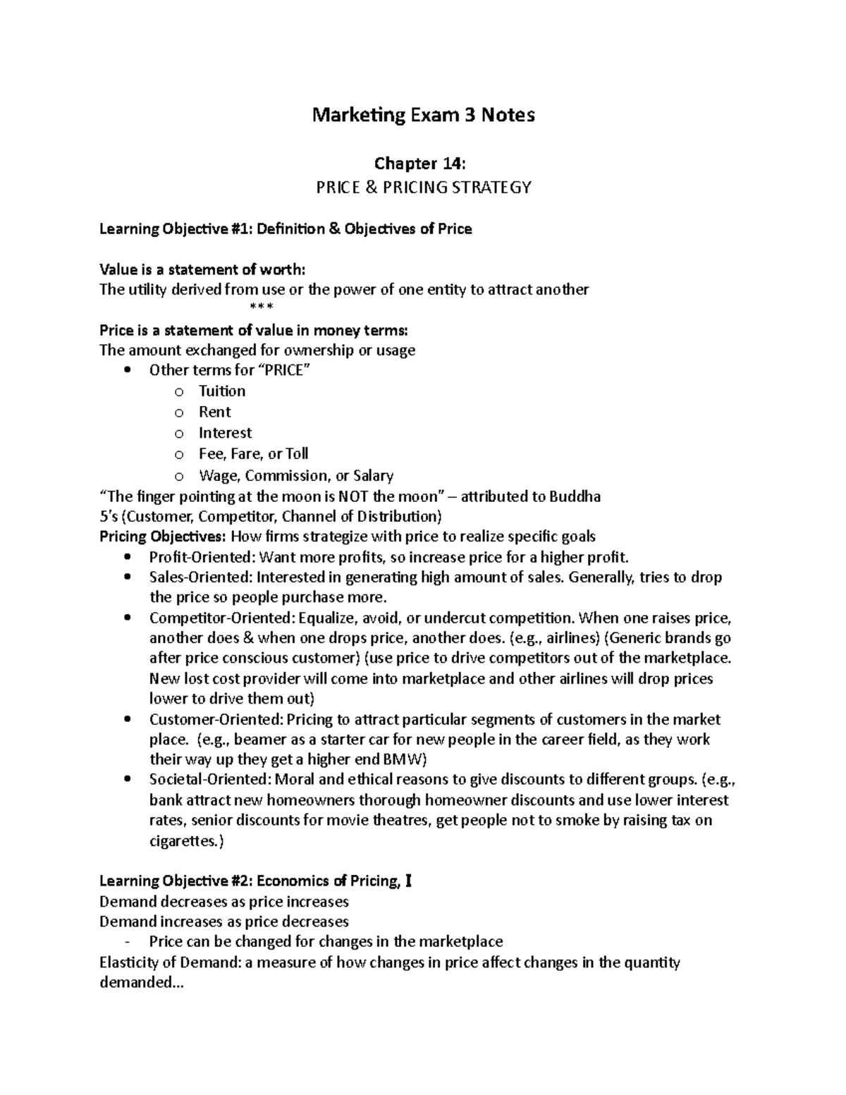 Marketing Exam 3 Notes - Marketing Exam 3 Notes Chapter 14: PRICE ...