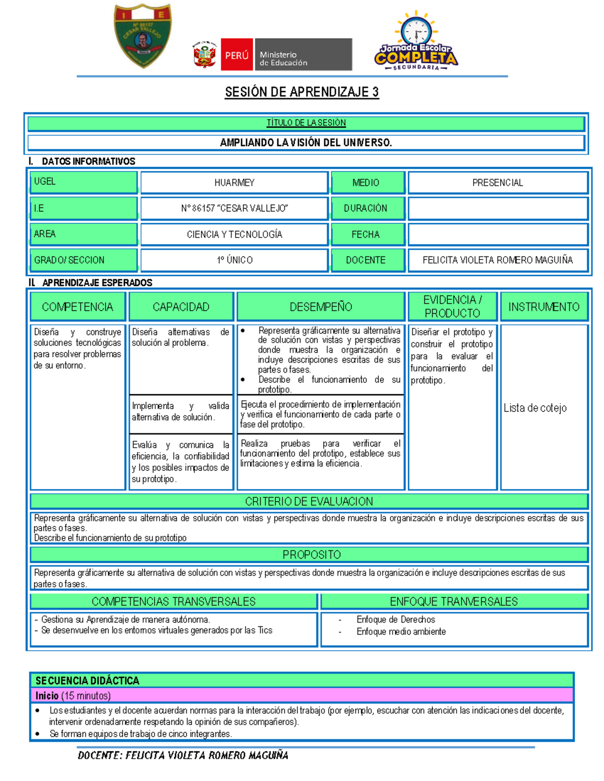 1° Sesion 3 - SESI”N DE APRENDIZAJE 3 TÕTULO DE LA SESI”N AMPLIANDO LA VISI”N DEL UNIVERSO. I ...