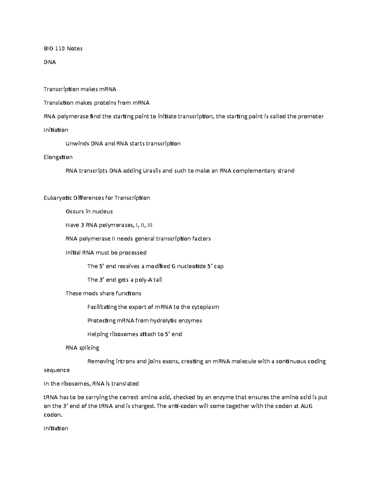 DNA Processes - Dr. Robert Winning's BIO 110 class - BIO 110 Notes DNA ...