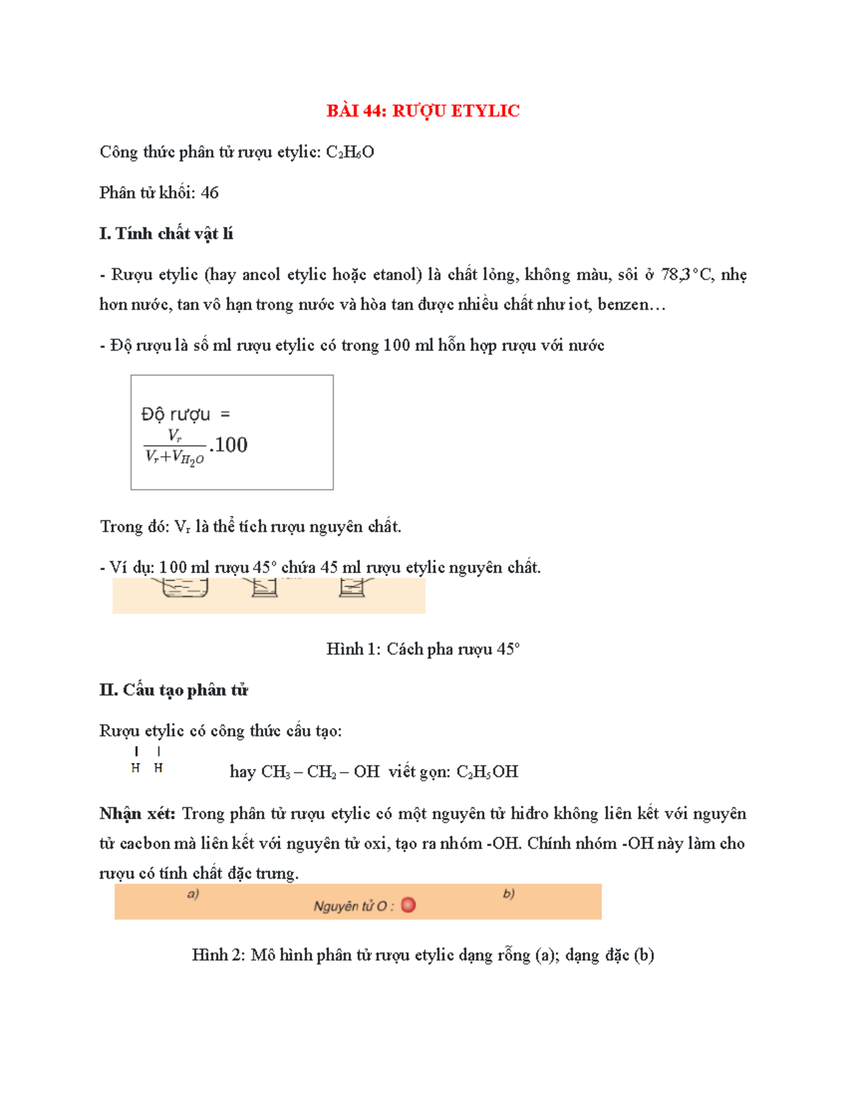 Chemistry lớp 9 - BÀI 44: RƯỢU ETYLIC Công thức phân tử rượu etylic: C ...