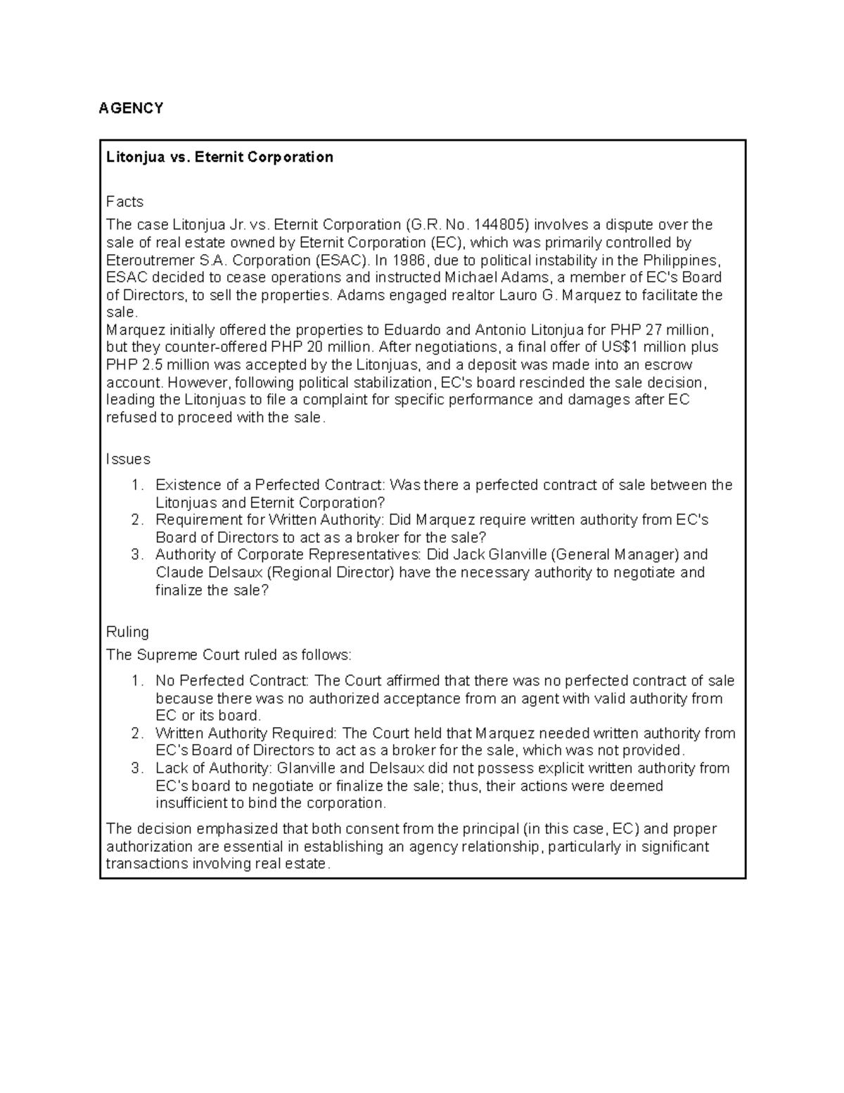 Agency cases - Summary Juris Doctor - AGENCY Litonjua vs. Eternit ...