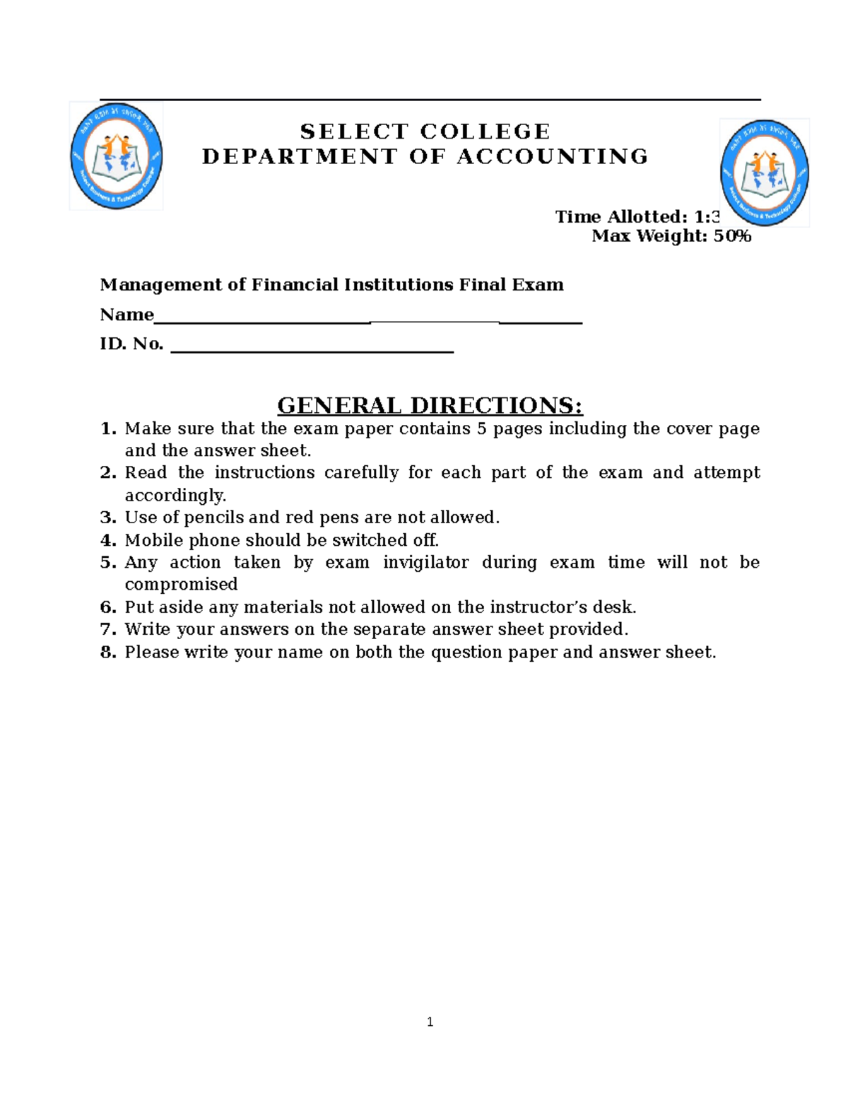 Management of Financial Institution Final Exam - S E L E C T C O L L E ...