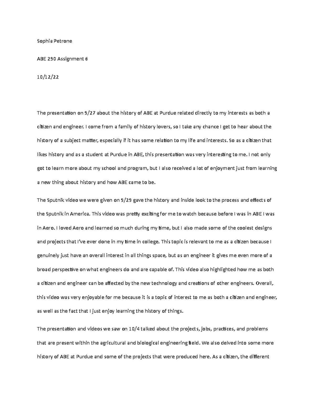 Abe assignemnt 6 - assignment 6 - Sophia Petrone ABE 290 Assignment 6 ...