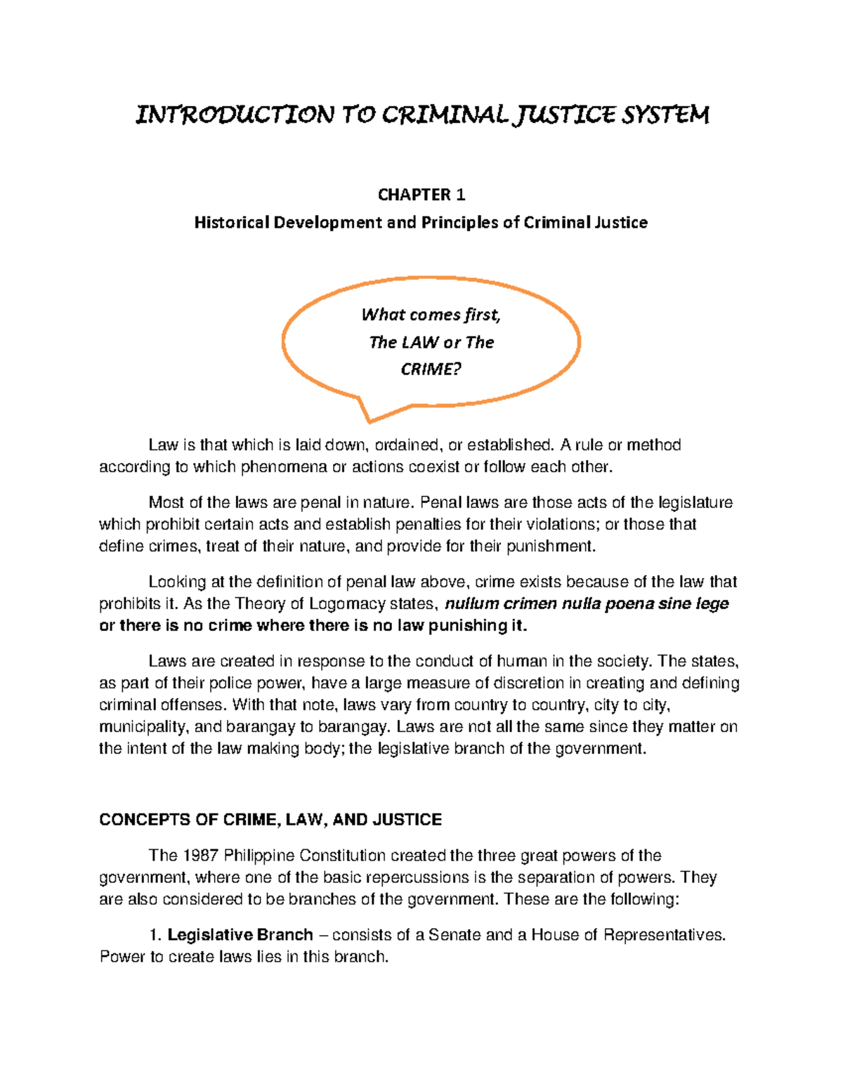 CLJ NOTES CLJ CL - INTRODUCTION TO CRIMINAL JUSTICE SYSTEM CHAPTER 1 ...