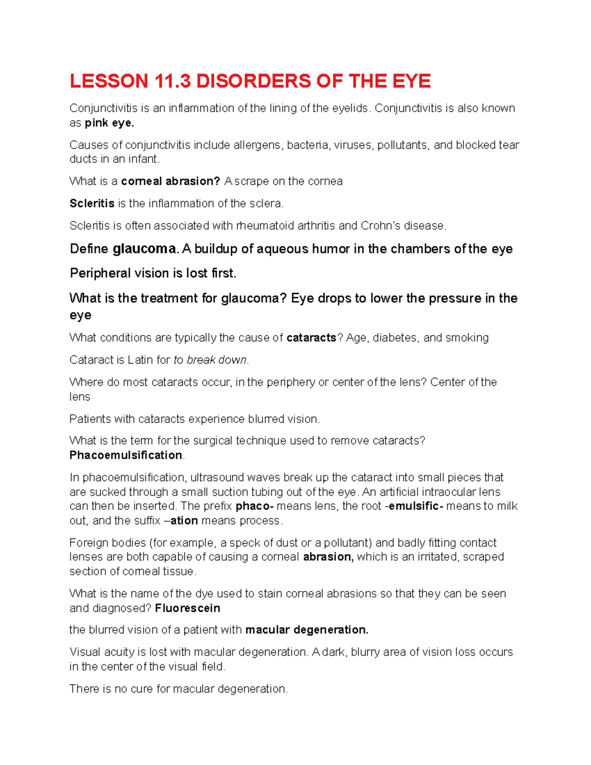 Lesson 11.3 Disorders OF THE EYE - LESSON 11 DISORDERS OF THE EYE ...