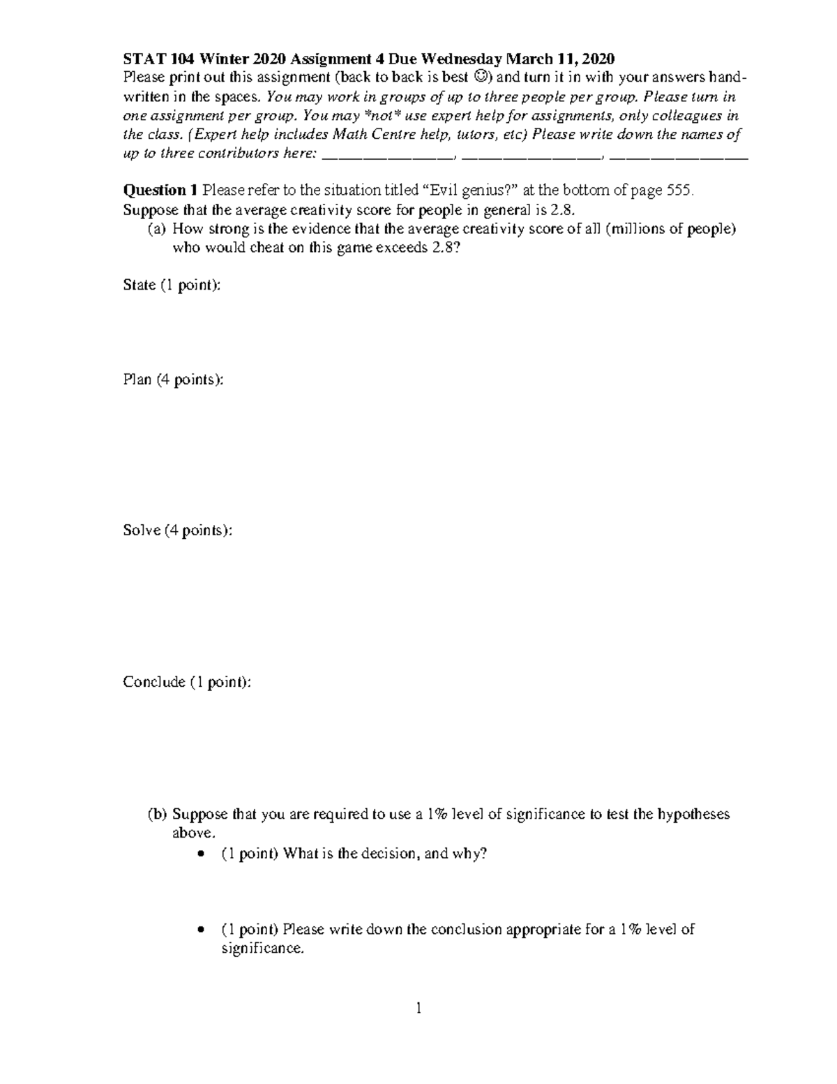 Stat 104 Assignment 4 1 Stat 104 Winter 2020 Assignment 4 Due Wednesday March 11 2020 Please