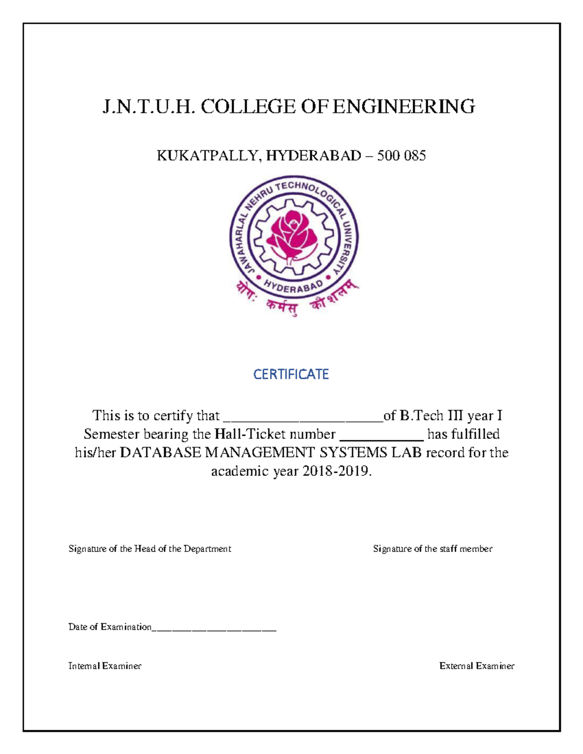 DBMS LAB Record - J.N.T.U. COLLEGE OF ENGINEERING KUKATPALLY, HYDERABAD ...