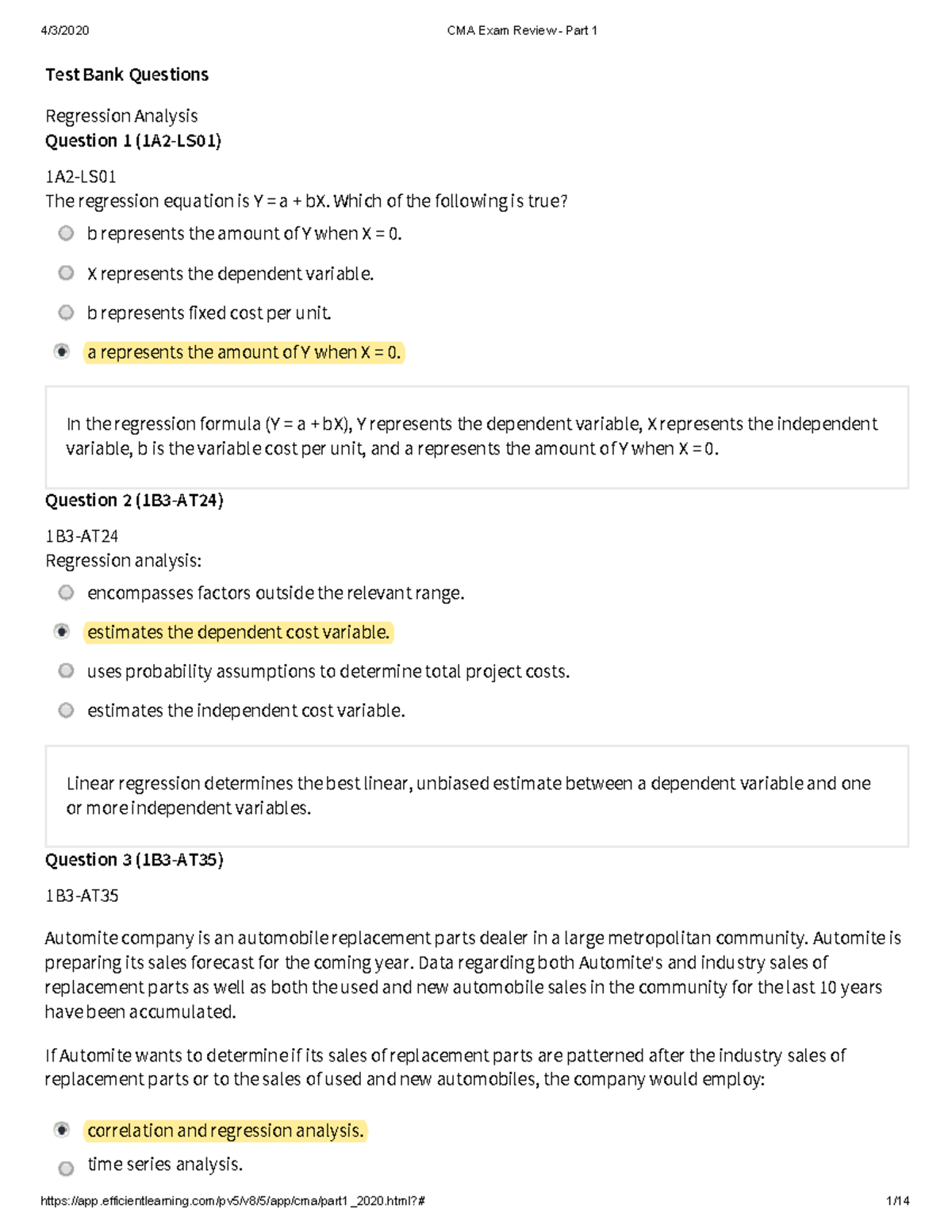 1B26 - Test Bank Questions Regression Analysis Question 1 (1A2-LS01 ...