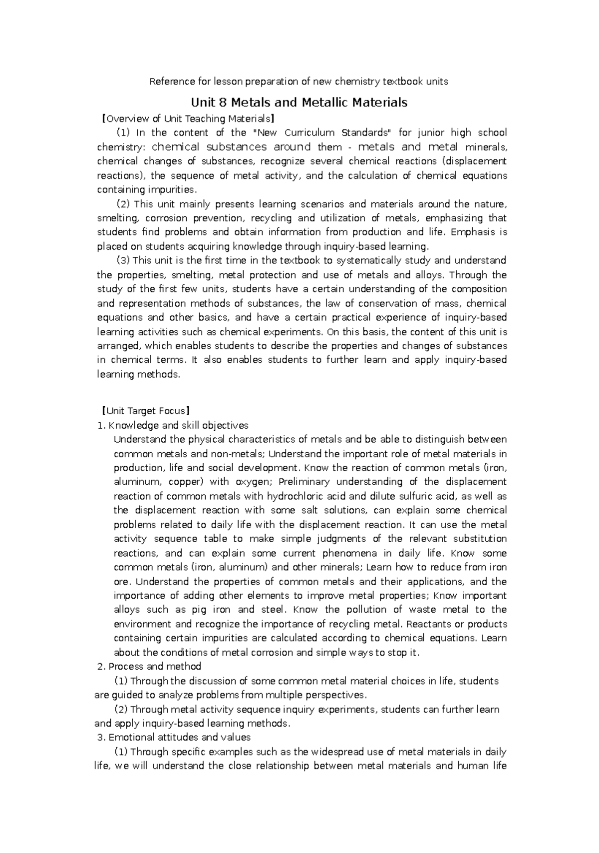 Unit 8 Metals and Metallic Materials - Reference for lesson preparation ...