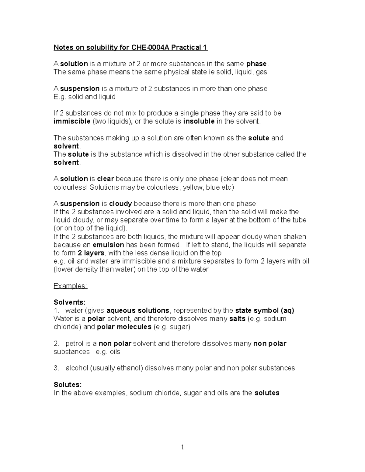 Notes on solubility for Practical 1 - Notes on solubility for CHE-0004A ...