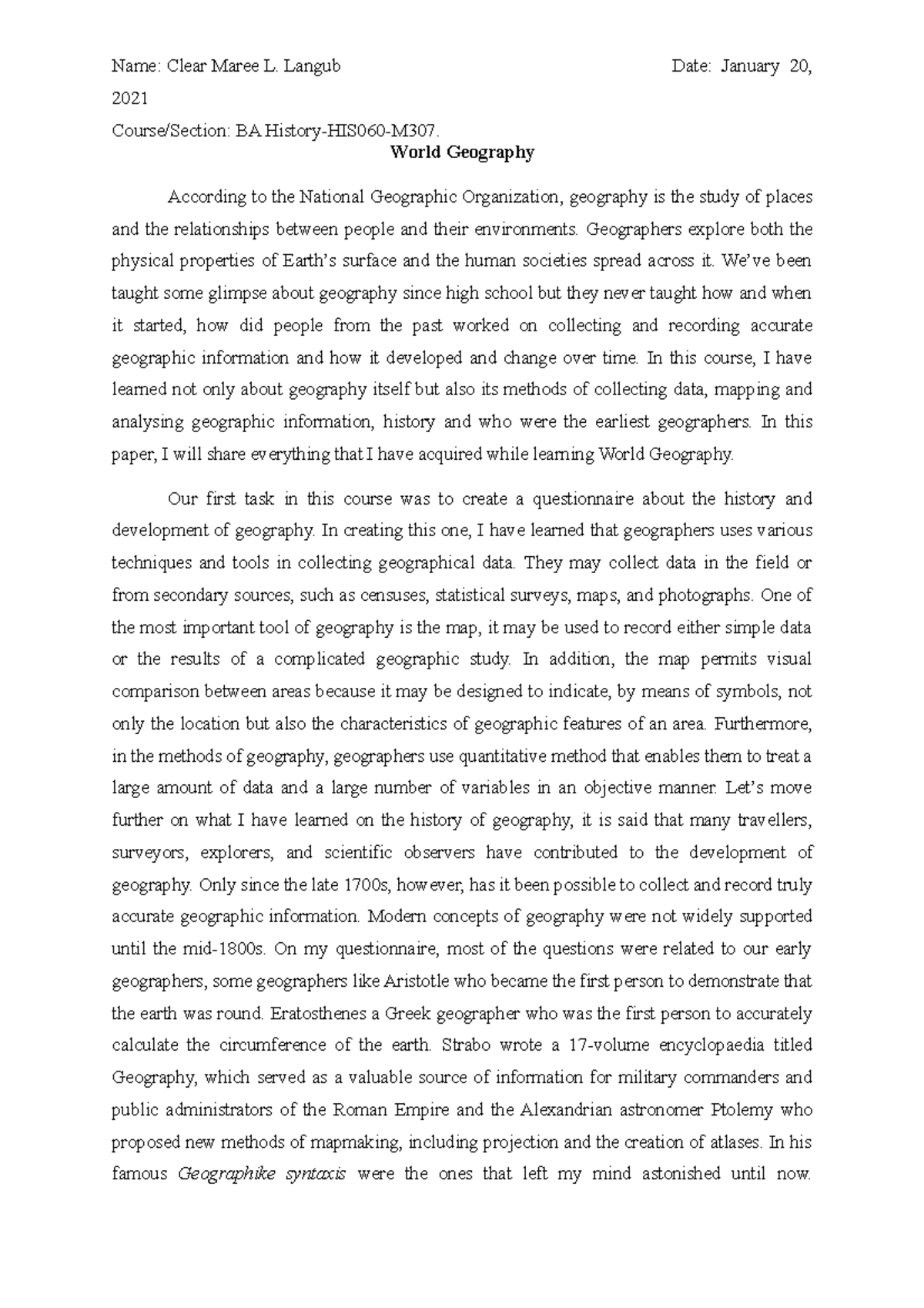 Brief summary - World Geography - Name: Clear Maree L. Langub Date ...