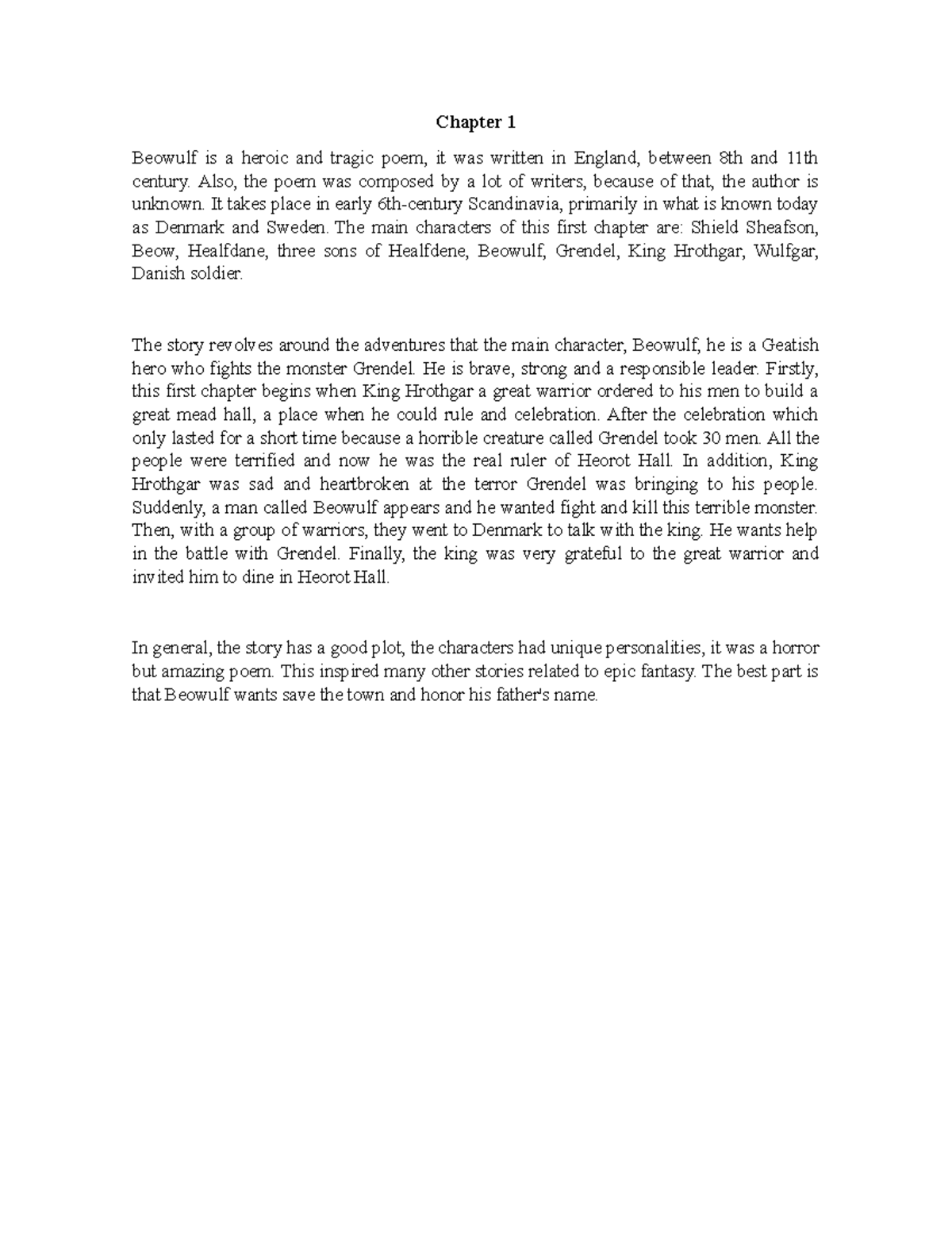 Chapter 1 by Isabella serrano - Chapter 1 Beowulf is a heroic and ...