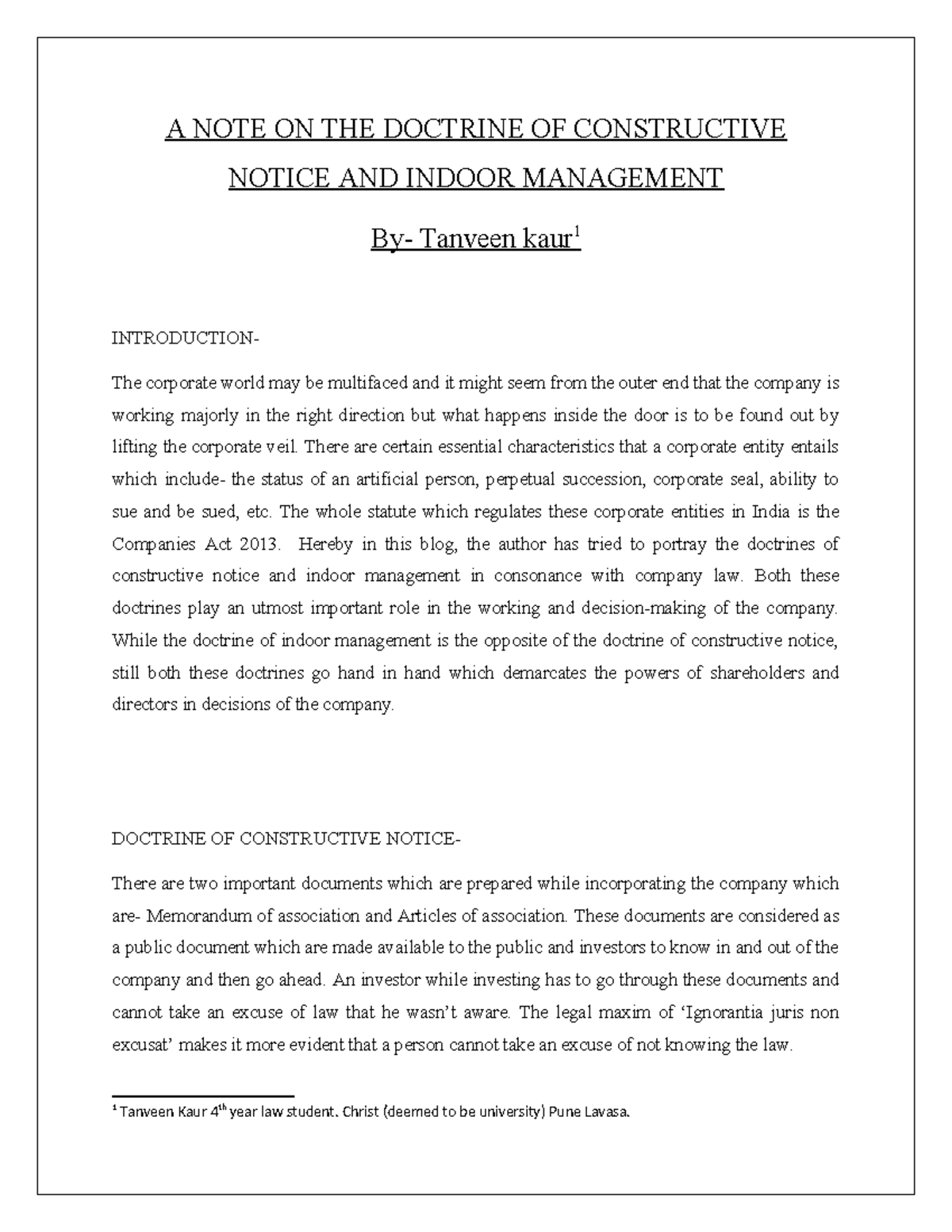 A NOTE ON Doctrine OF Constructive Notice AND Indoor Management - A ...
