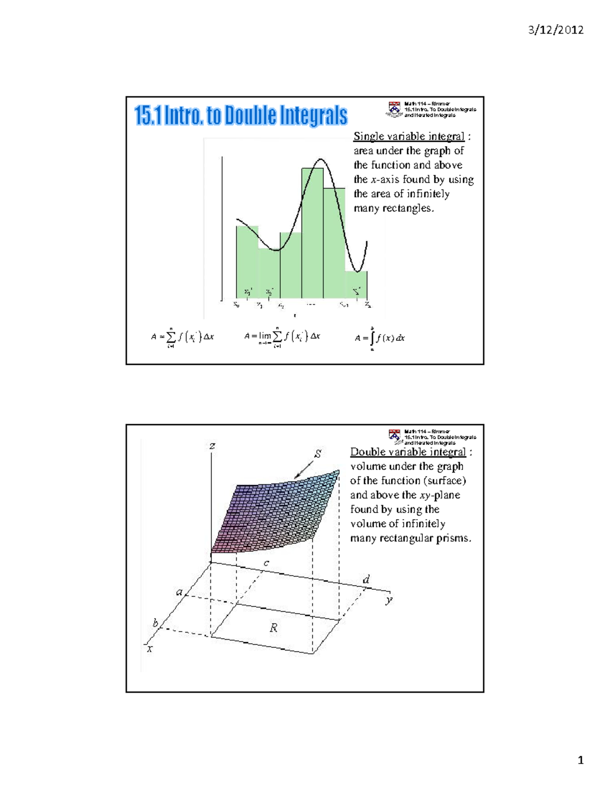Introduction of double integral geometrically - 3/12/2012 Math 114 ...