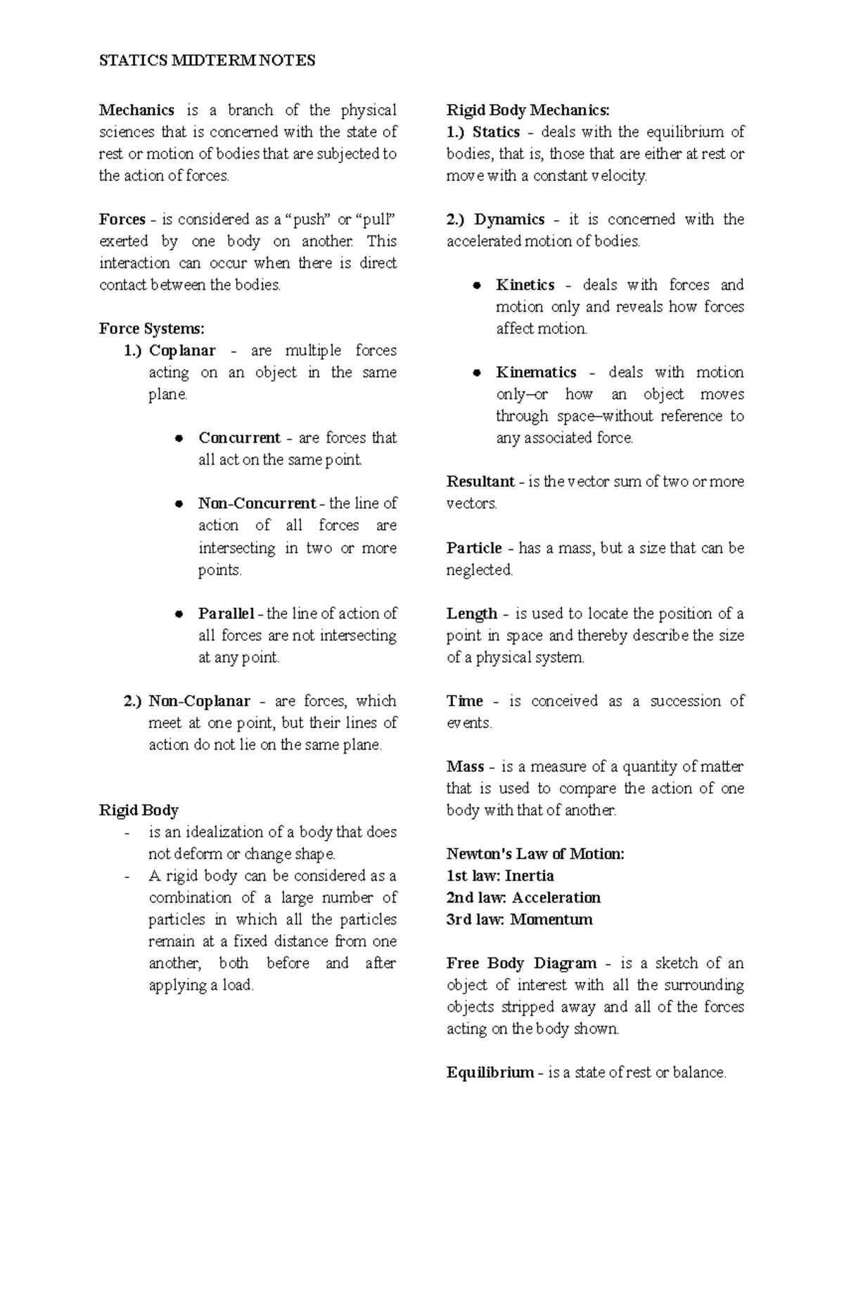 Statics- Midterm- Notes - STATICS MIDTERM NOTES Mechanics is a branch ...