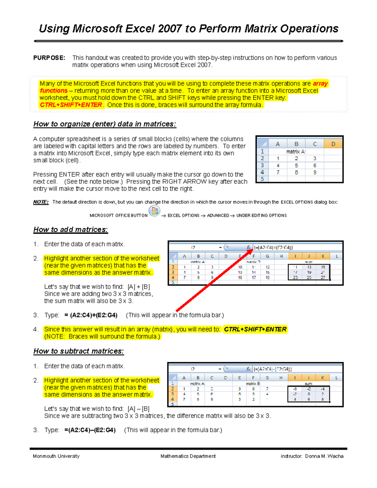 Matrix Operations-Excel 2007 - Using Microsoft Excel 2007 to Perform ...