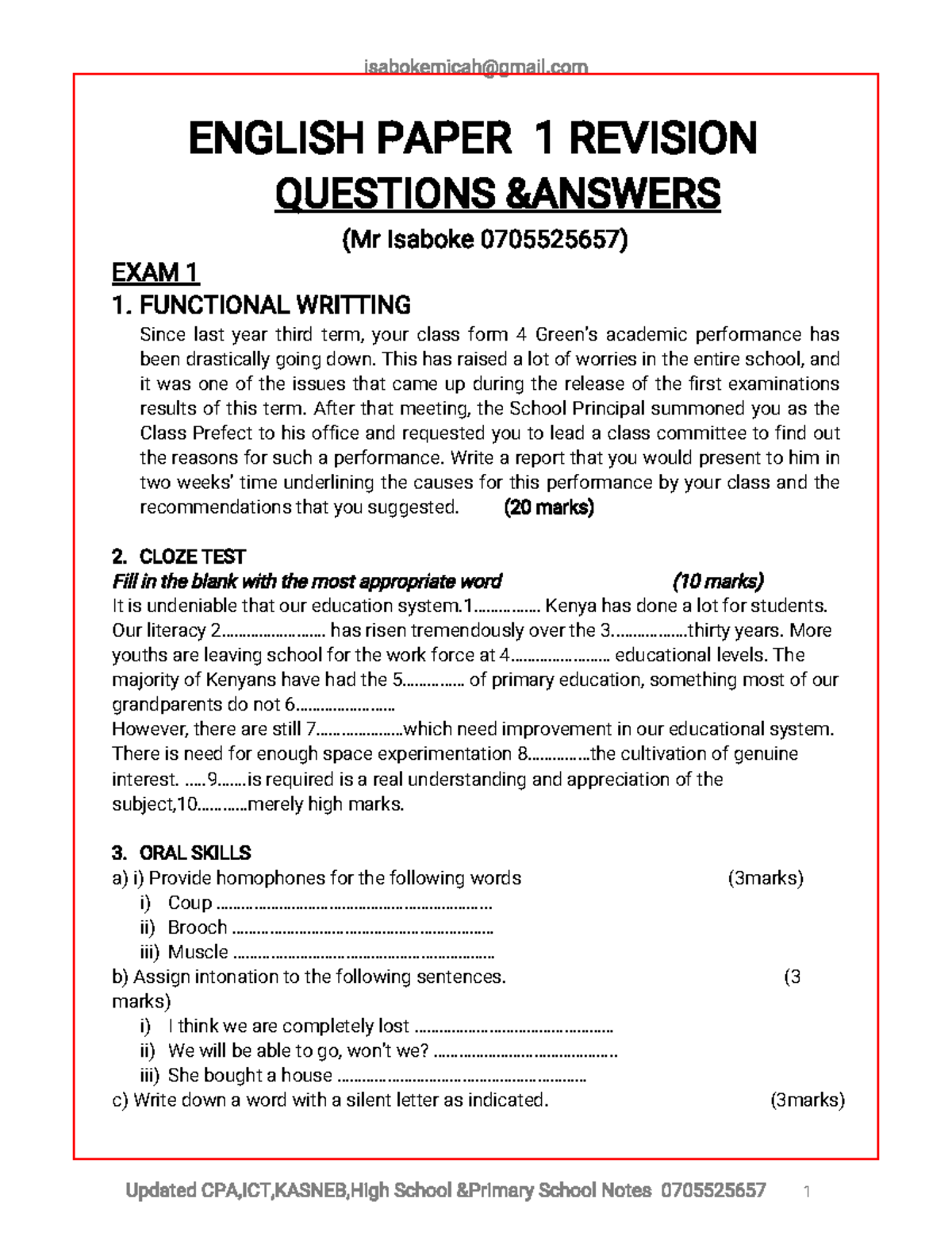 English paper 1 question and answers - ENGLISH PAPER 1 REVISION ...
