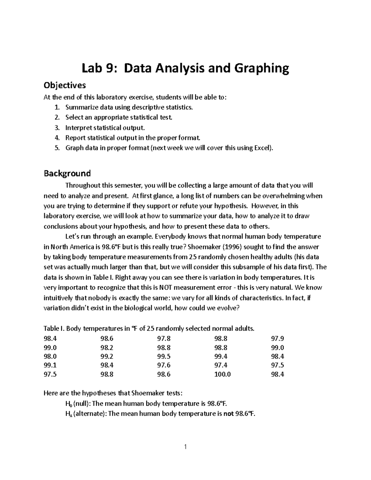 Lab 9 - Stats and graphs.docx - Lab 9: Data Analysis and Graphing Objectives At the end of this ...