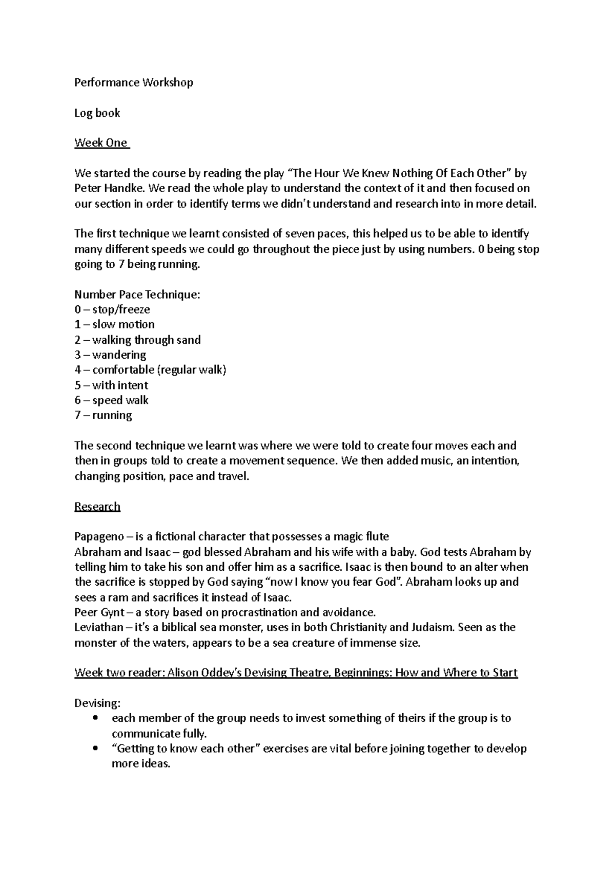 Performance Workshop logbook - Performance Workshop Log book Week One ...