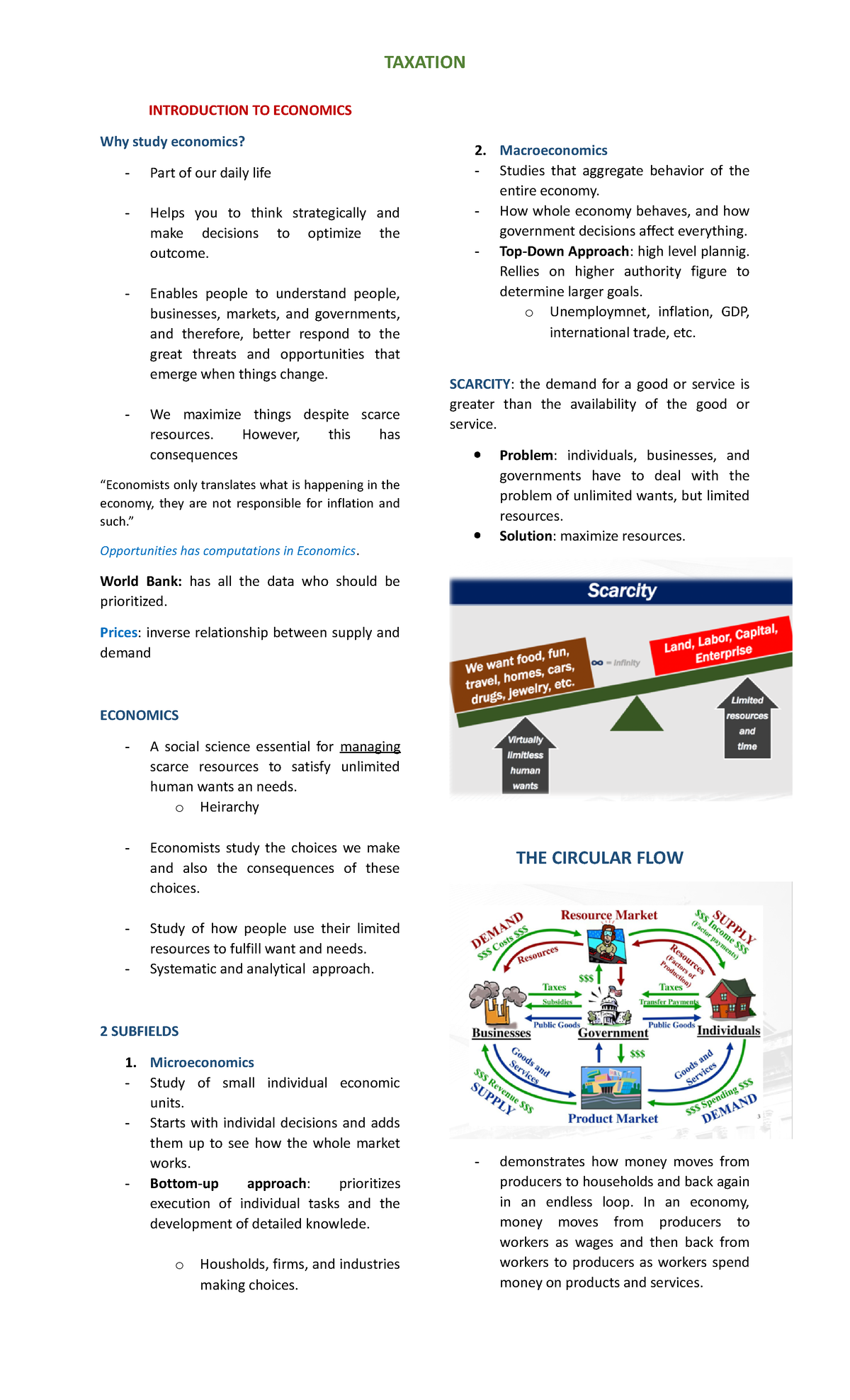 Taxation Notes - INTRODUCTION TO ECONOMICS Why study economics? Part of ...