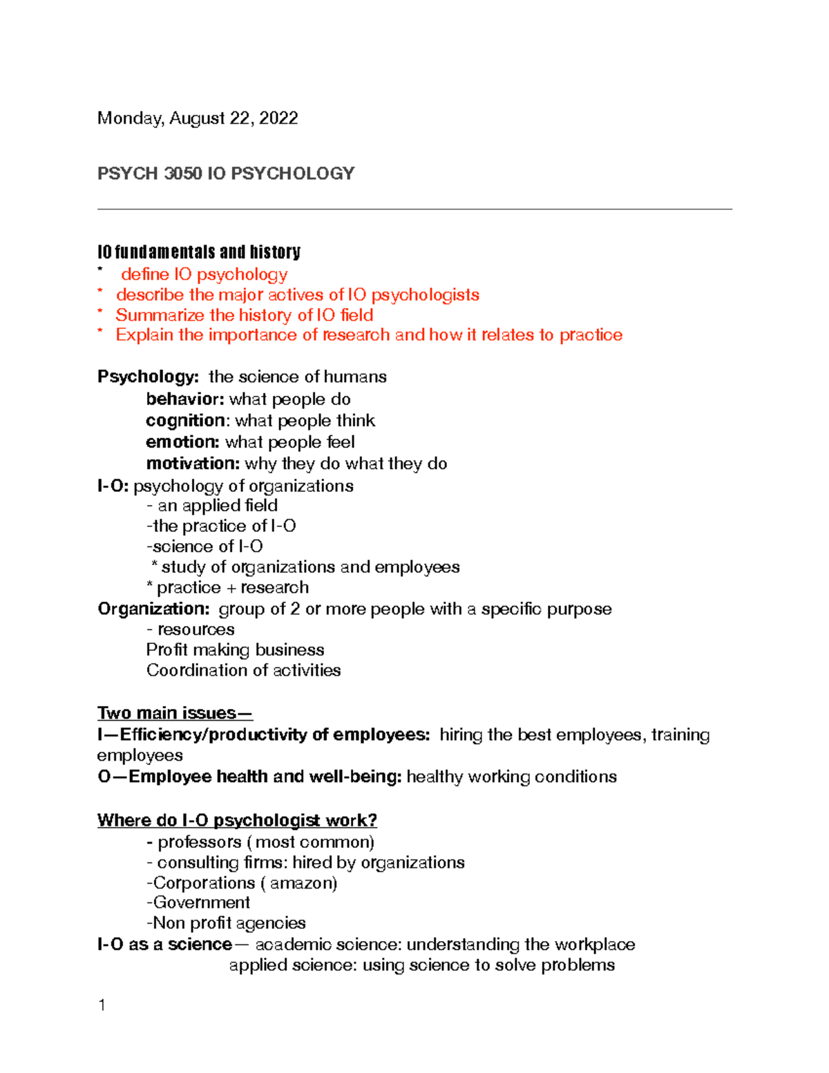 Psych 3050 exam 1 notes - Monday, August 22, 2022 PSYCH 3050 IO ...