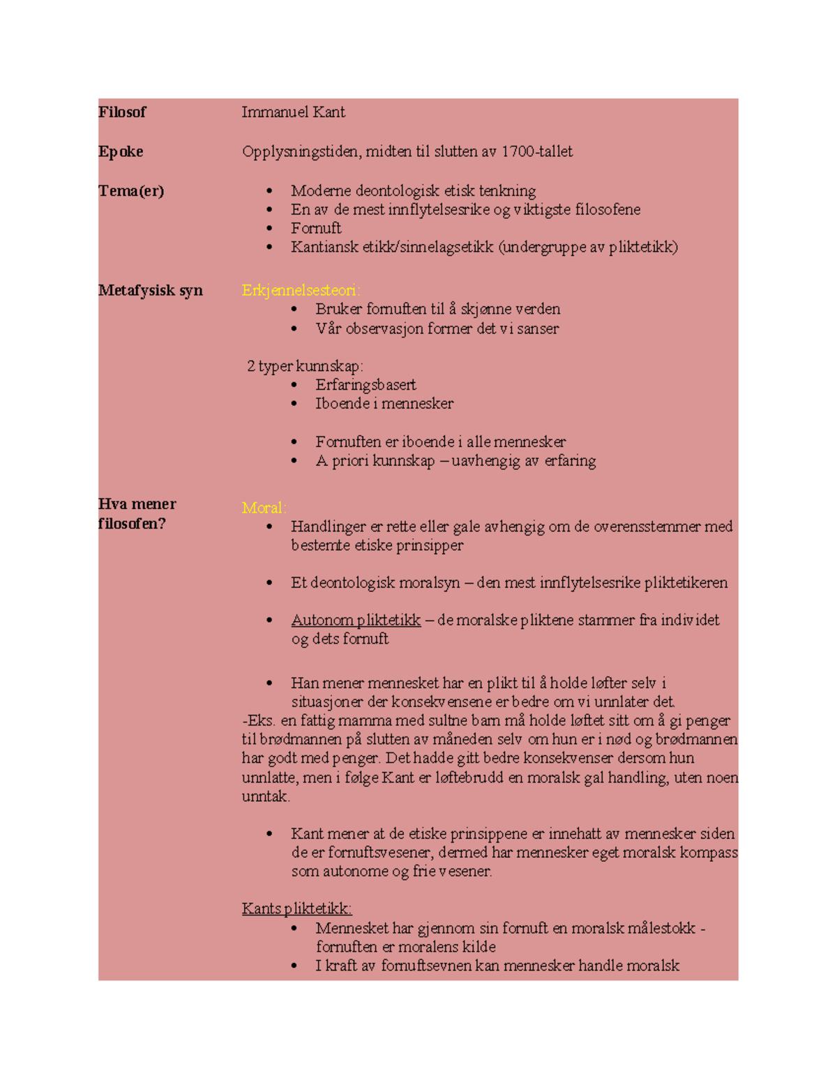 Exphil 03 Immanuel KANT - Filosof Immanuel Kant Epoke Opplysningstiden, midten til slutten av ...