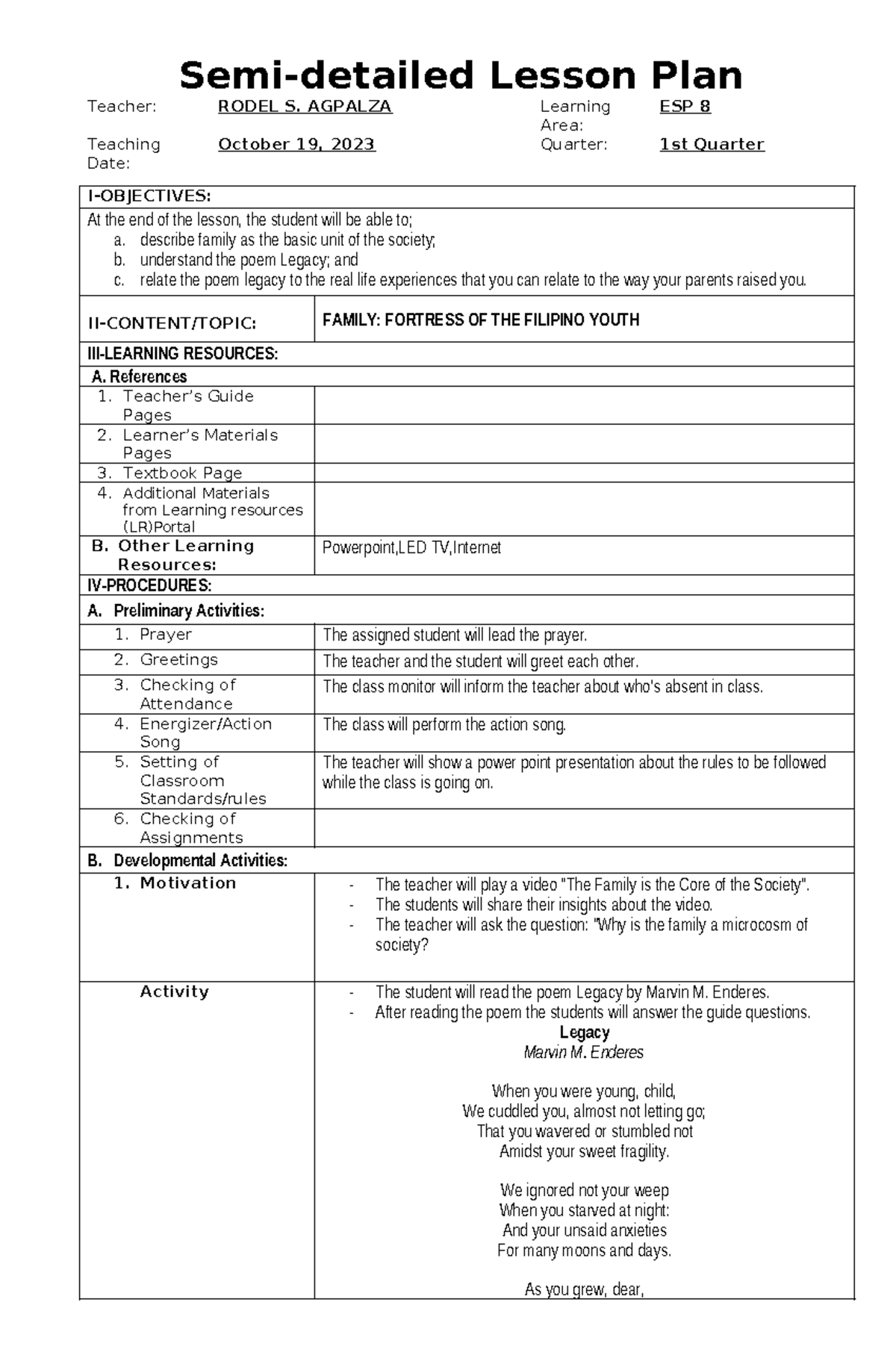1-ESP8 - Grade 8 esp sample lesson plan - Semi-detailed Lesson Plan ...