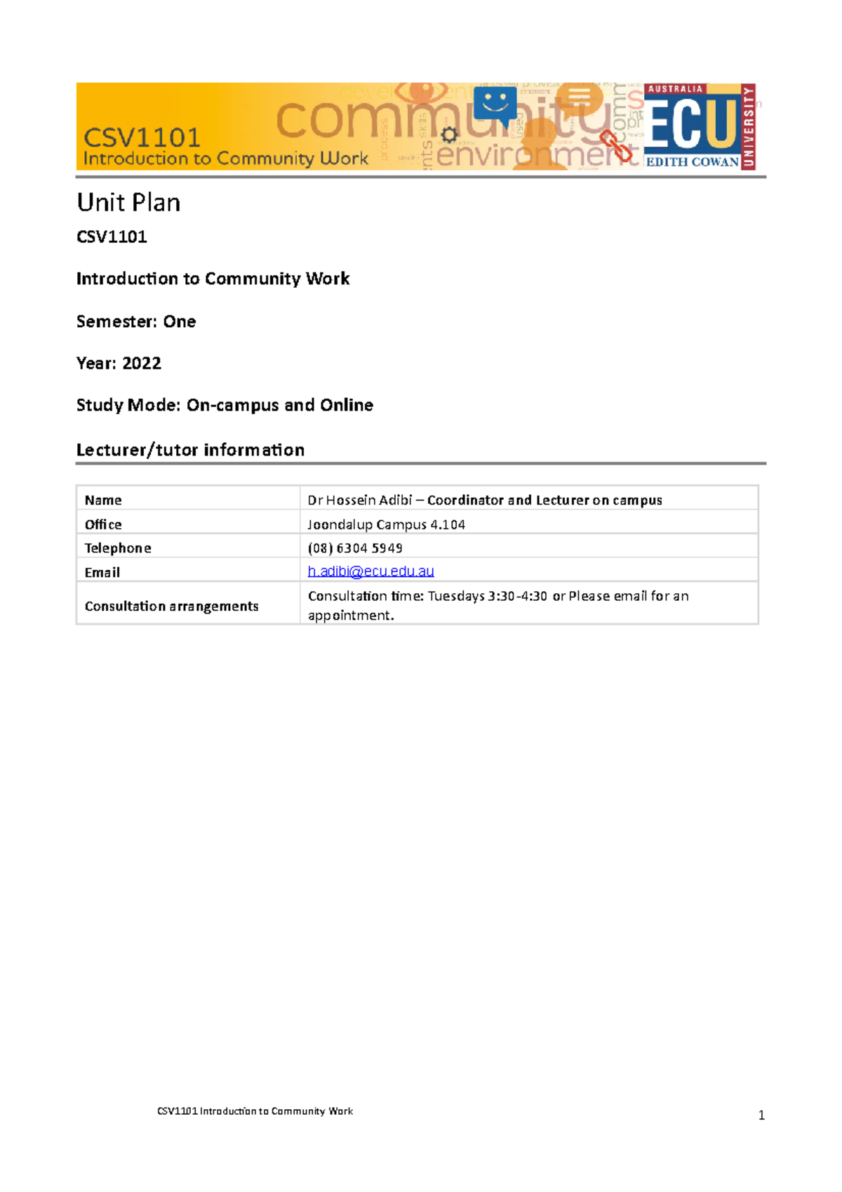 Unit Plan CSV1101 2020 -1 - Unit Plan CSV Introduction to Community ...