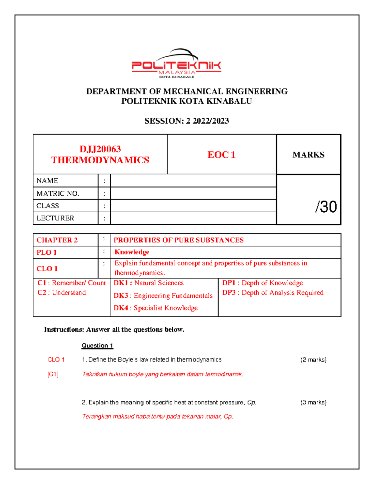 Soalan EOC - 1 DJJ2006 3 - END OF CHA - DEPARTMENT OF MECHANICAL ENGINEERING POLITEKNIK KOTA ...