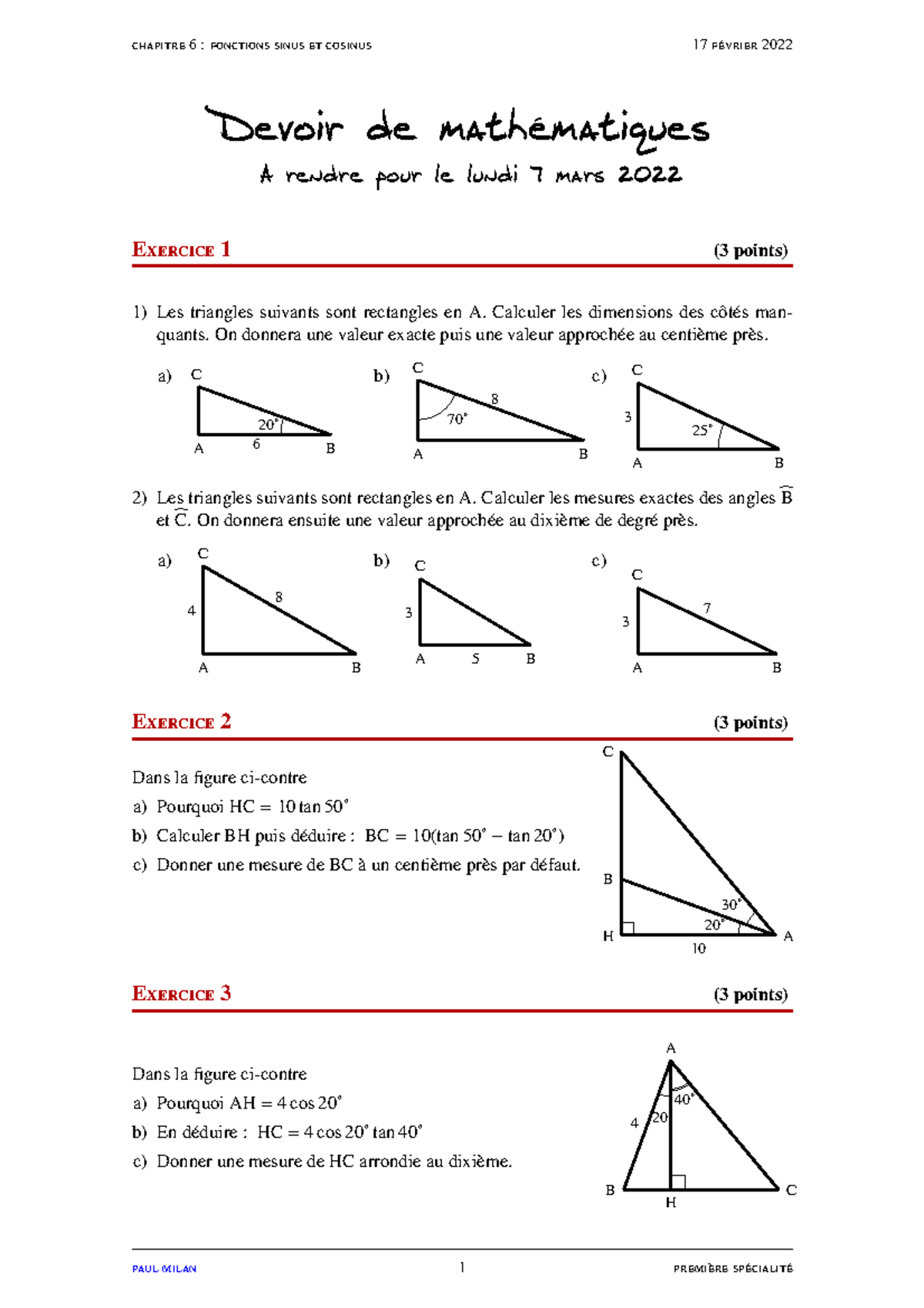 DS trigo 3 - chapitre 6 : fonctions sinus et cosinus 17 fevrier ́ 2022 Devoir de mathématiques A ...
