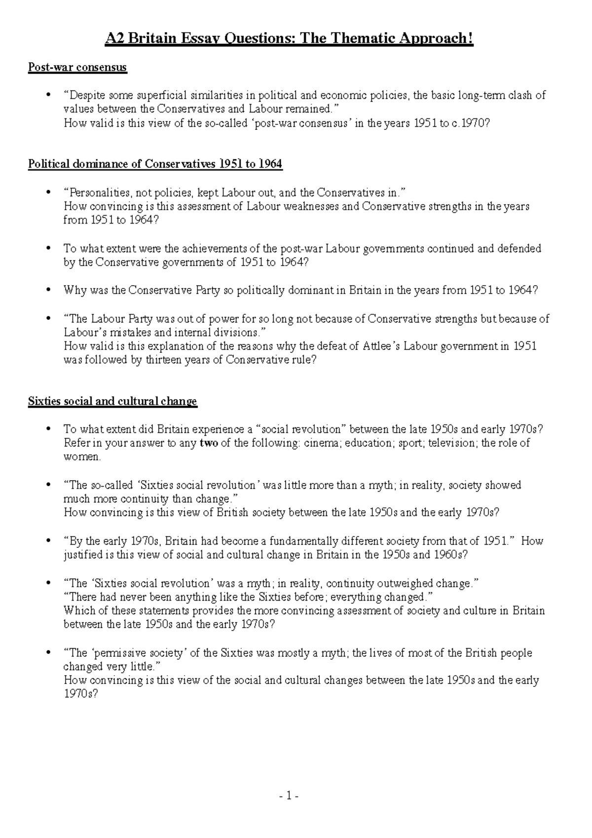 Exam questions by theme - A2 Britain Essay Questions: The Thematic ...