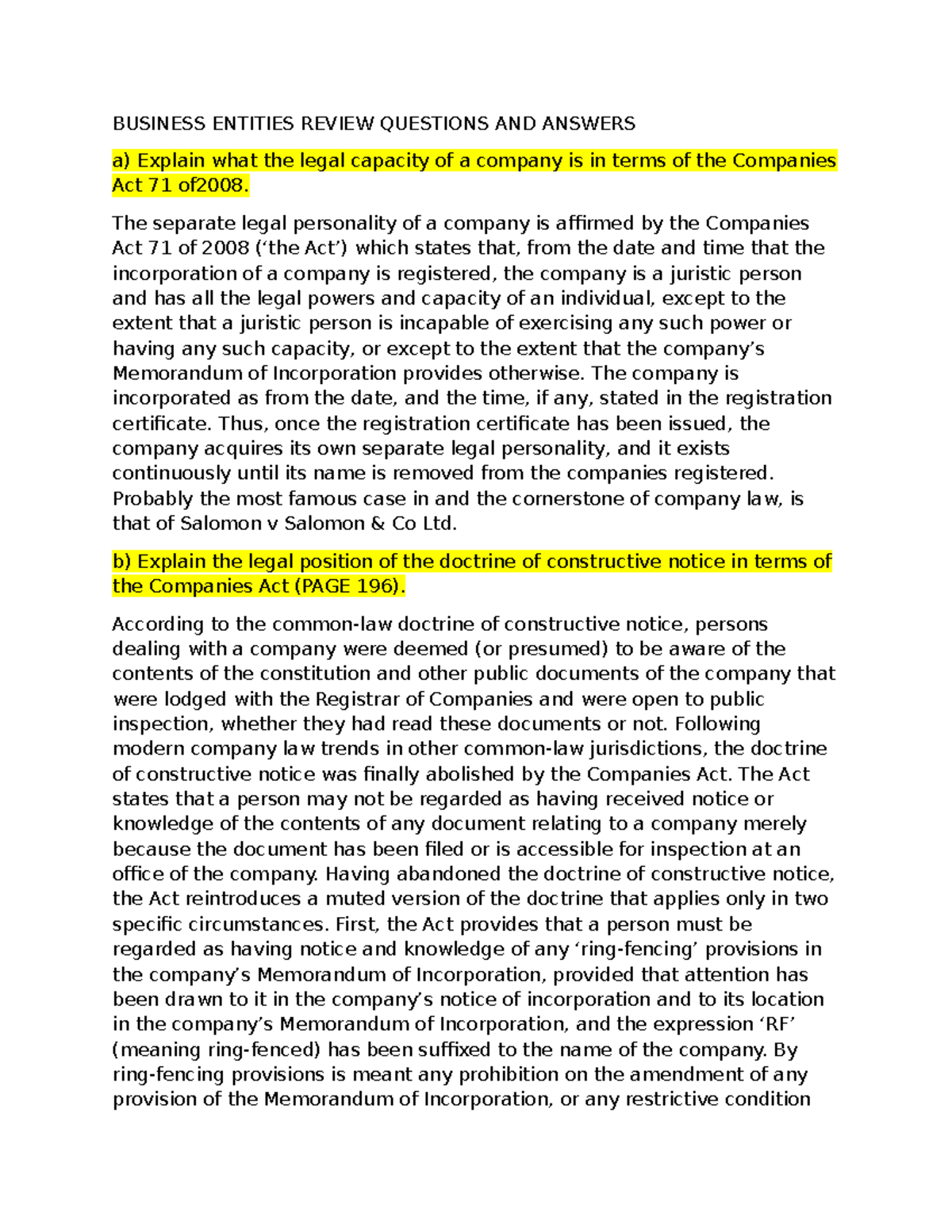 Business Entities Questions AND Answers - BUSINESS ENTITIES REVIEW ...