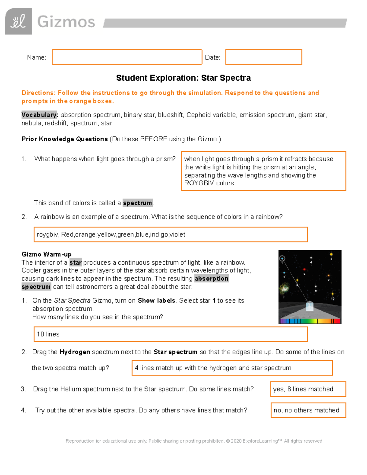 Gizmo - Star Spectra - Google Docs - Name: Date: Student Exploration ...